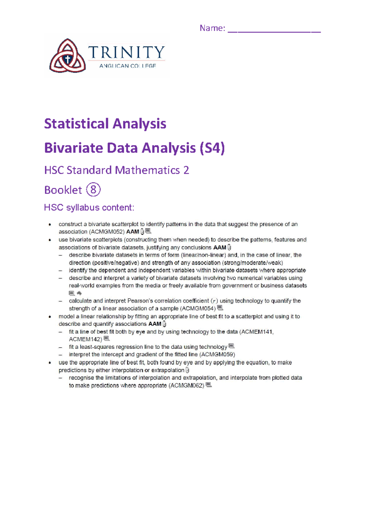 Bivariate Data Analysis (S4) Y12: Student Notes & Exam Questions 2024 ...