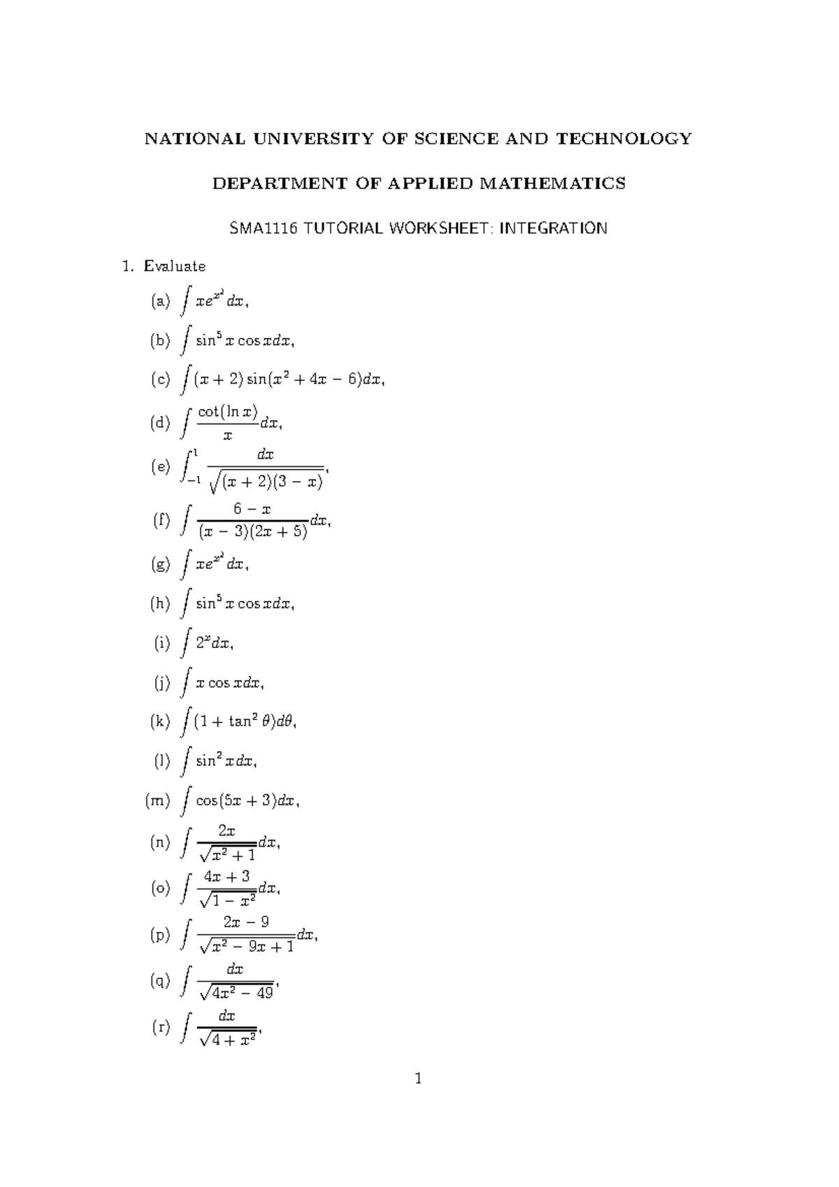 SMA1116 Tutorial Worksheet: Integration Techniques and Area ...