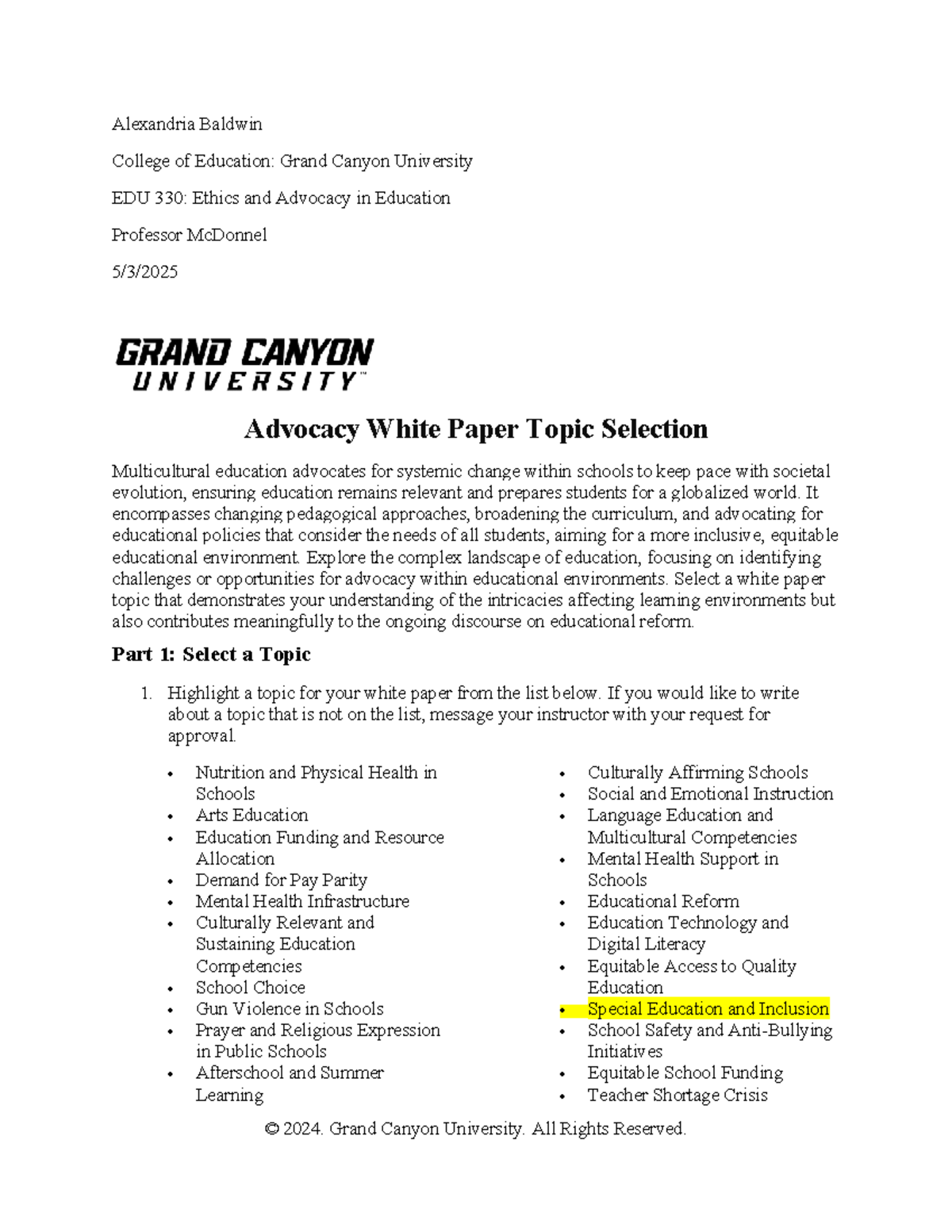EDU 330 T1 White Paper on Advocacy for Special Education Inclusion ...
