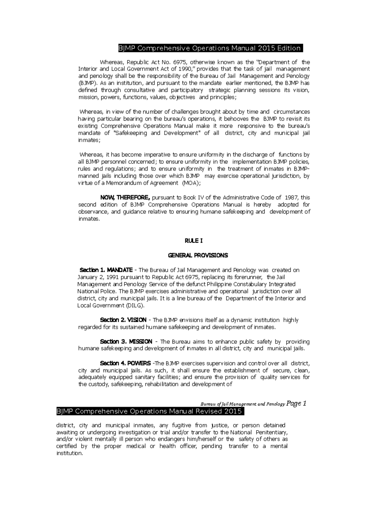 BJMP Ops Manual 2015 Edition: Comprehensive Guide to Jail Management ...