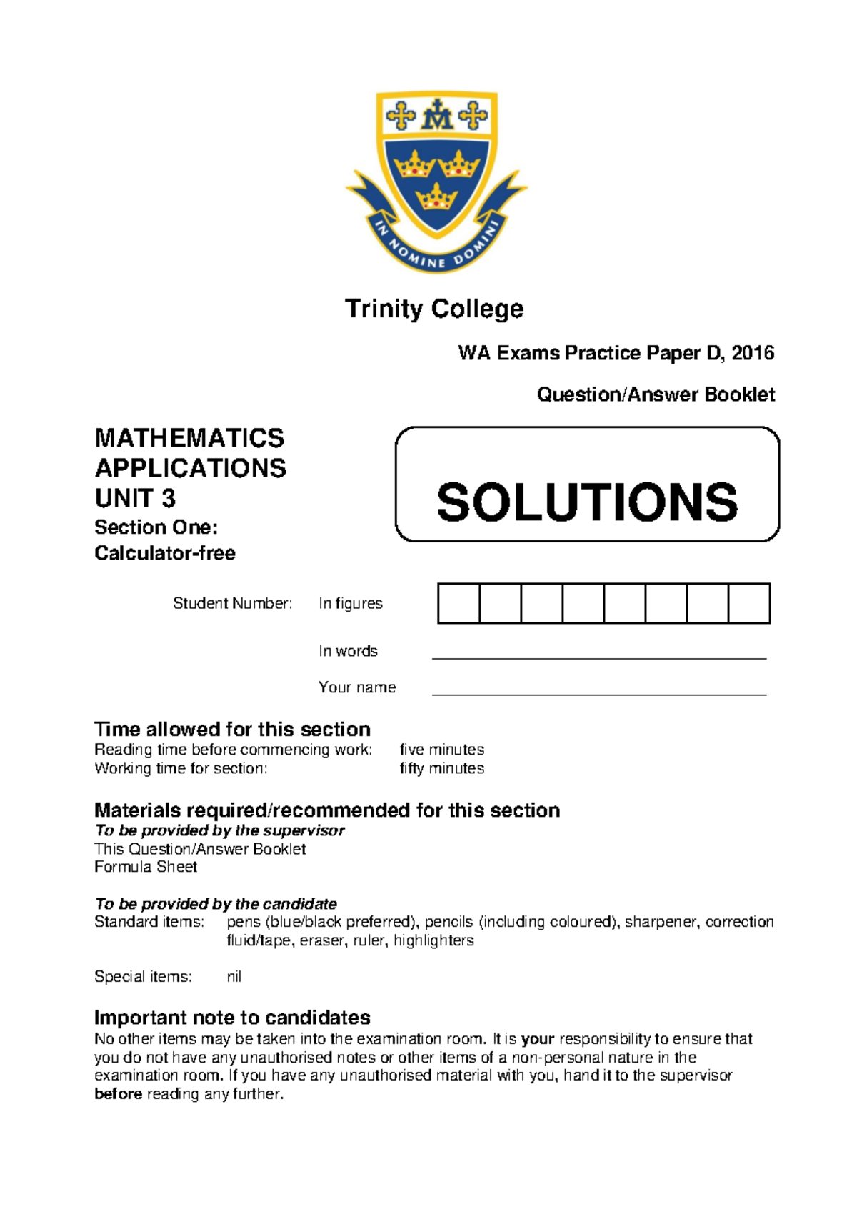 WAEP 2016 Mathematics Applications Unit 3 Practice Paper D Solutions ...
