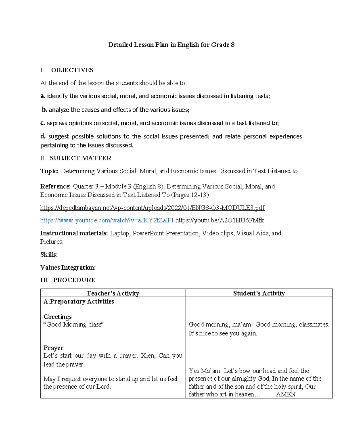 DLP 3: Lesson Plan on Social, Moral & Economic Issues for Grade 8 - Studocu