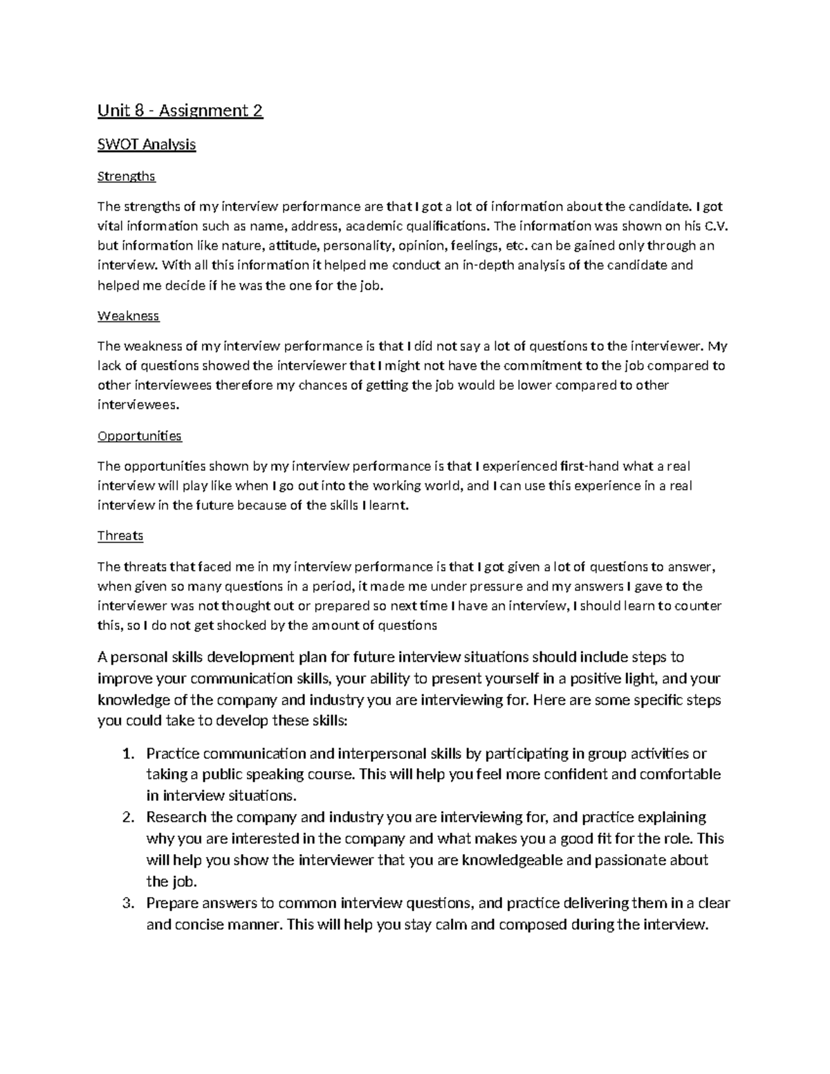 Unit 8 - Assignment 2: Personal Interview SWOT Analysis and Skills ...