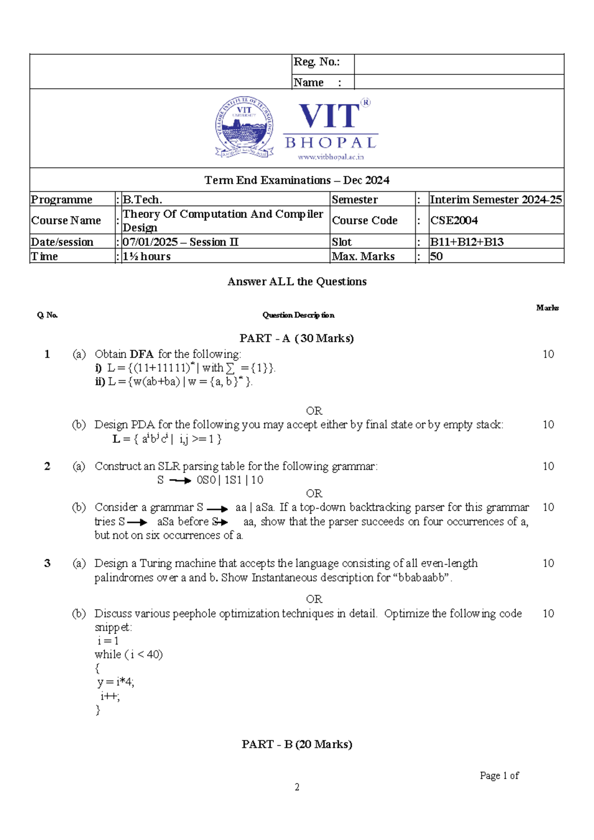 CSE2004 Interim Semester 2024-2025 TEE: Theory of Computation ...