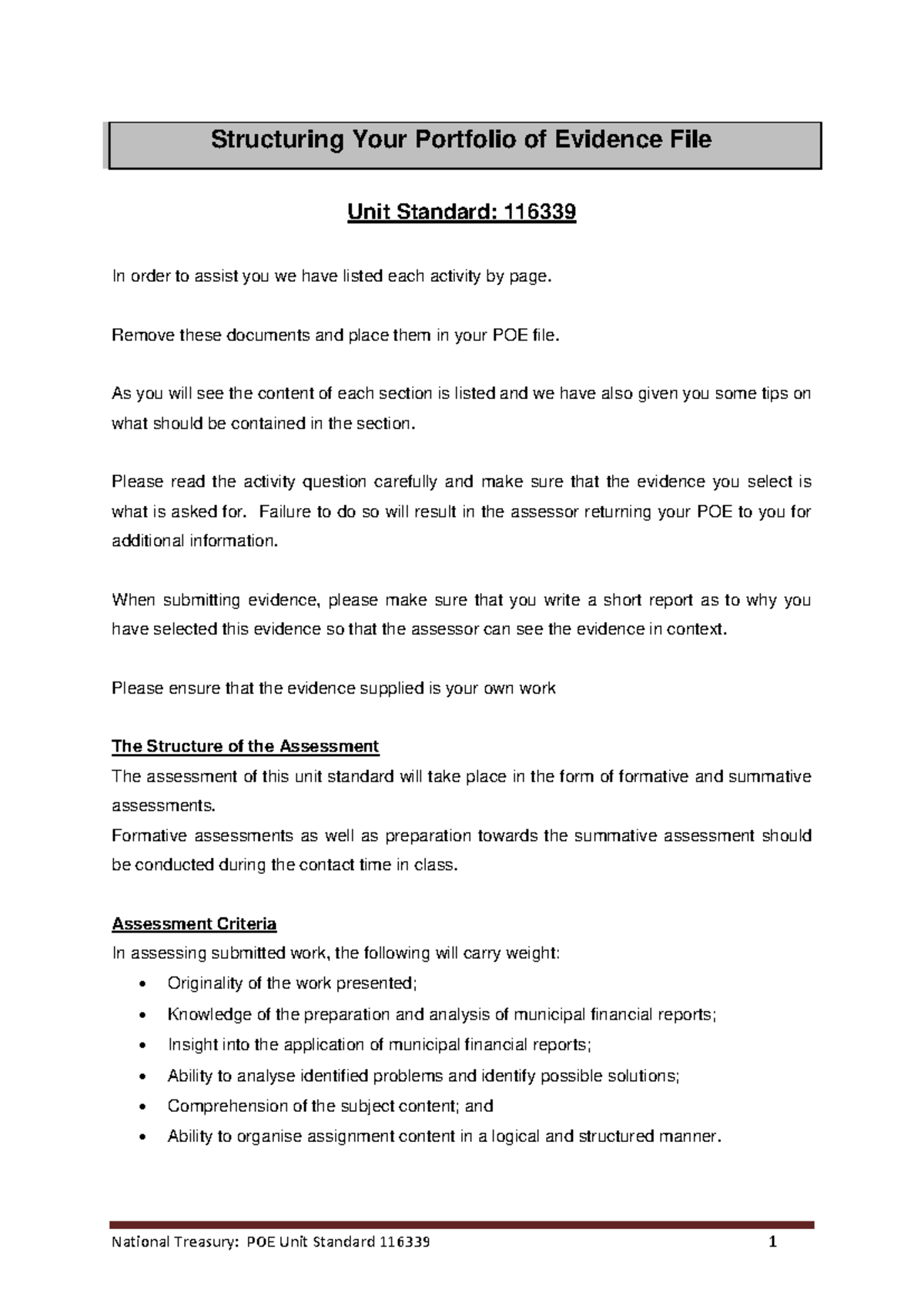 **POE Guide for Unit Standard 116339: Portfolio of Evidence on Risk ...