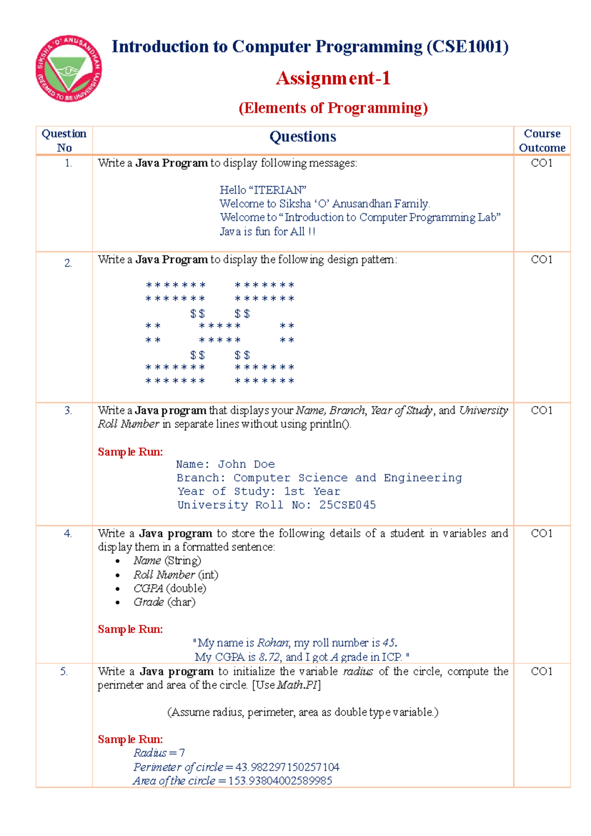 CSE1001 Assignment 1: Java Programming Questions and Solutions - Studocu