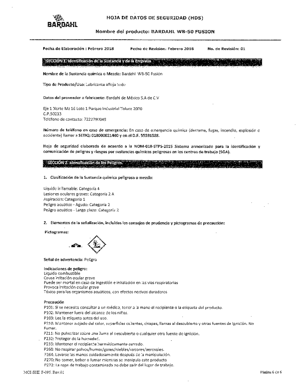 Hoja de Seguridad (HDS) Bardahl Fusión - Producto WB-50 - Studocu