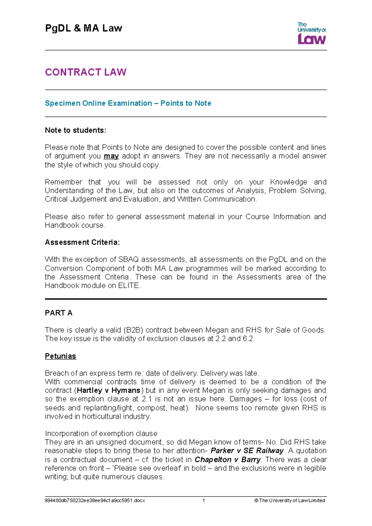 PgDL MA Law CONTRACT LAW Specimen Exam Notes and Key Points - Studocu