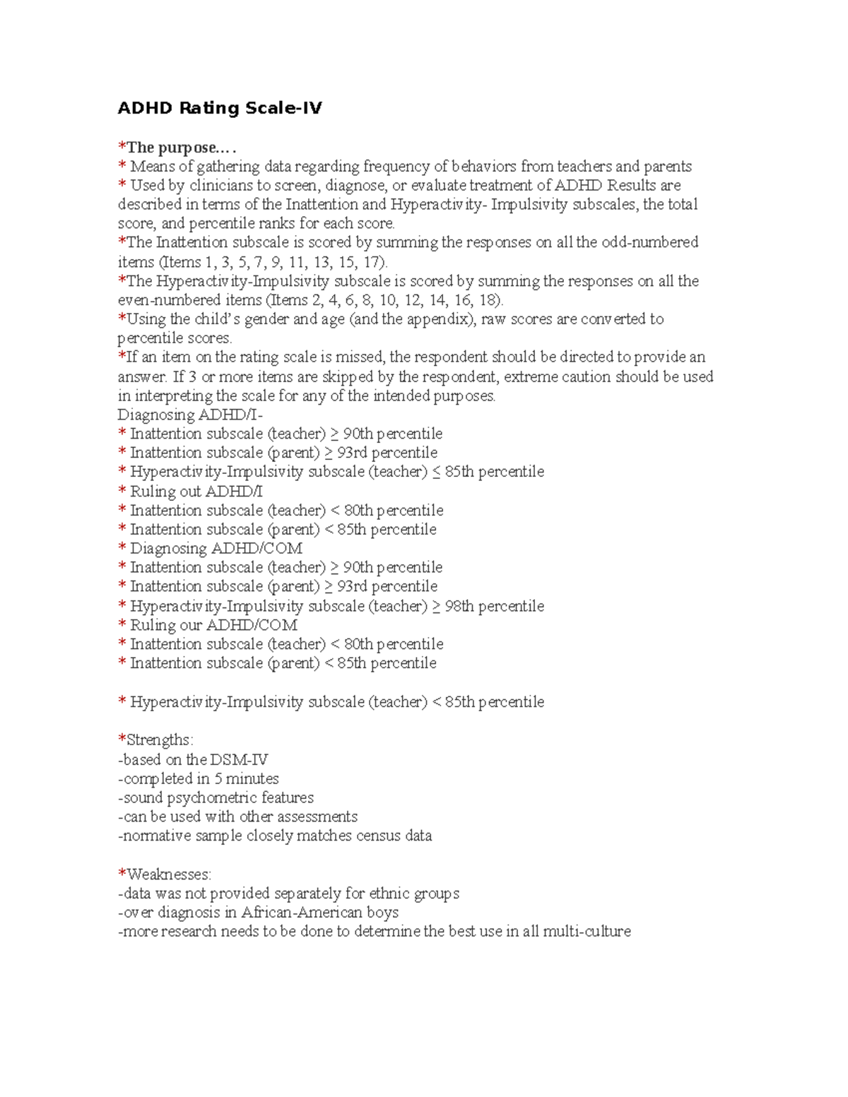 ADHD Rating Scale-IV Analysis and Diagnostic Guidelines - Studocu