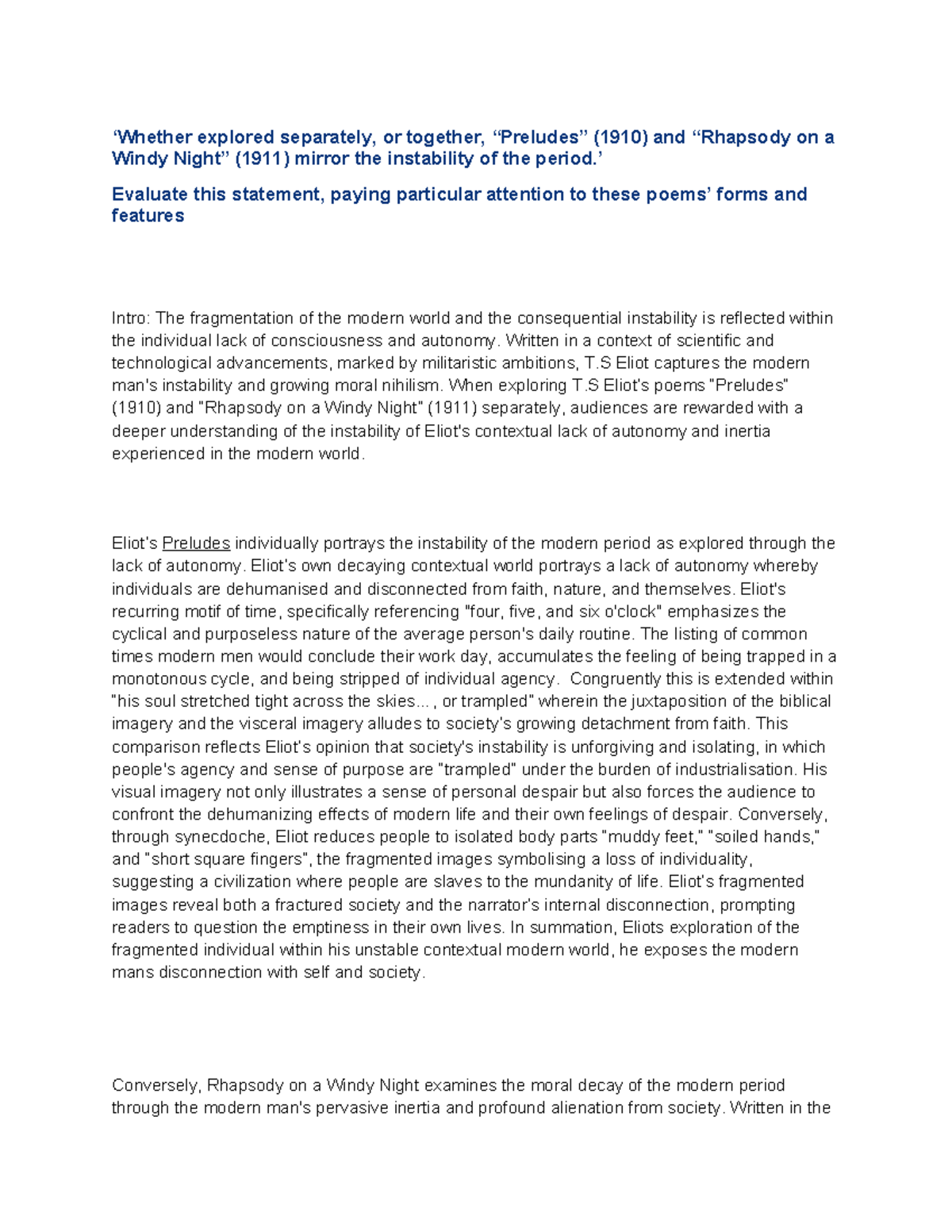 ‘Analysis of T.S. Eliot's "Preludes" (1910) & "Rhapsody" (1911 ...