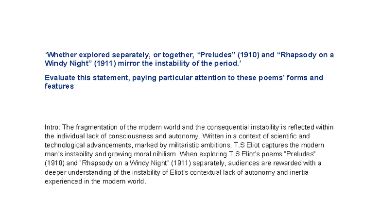 ‘Analysis of T.S. Eliot's "Preludes" (1910) & "Rhapsody" (1911 ...
