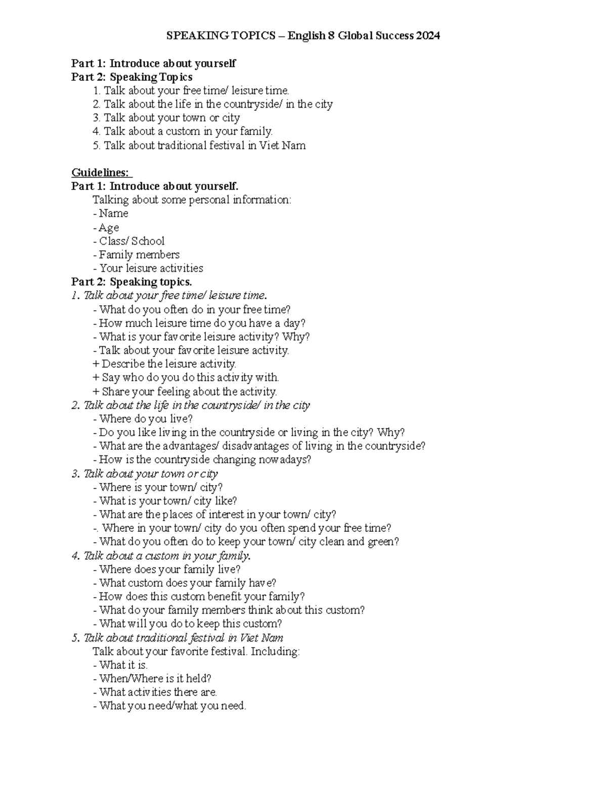 Speaking Topics for Grade 8 - English 8 Global Success 202 4 - Studocu