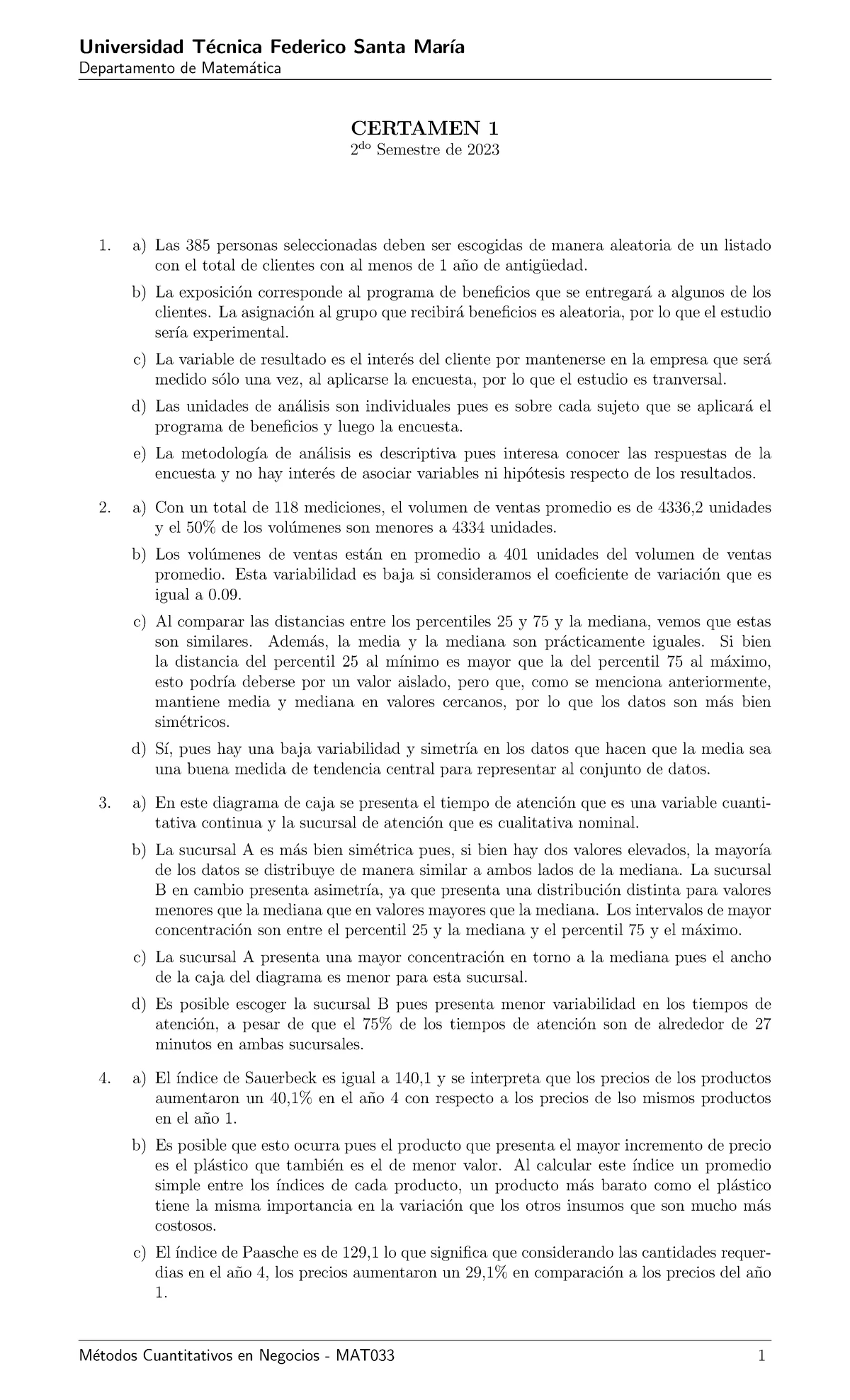 Certamen 2 - Pauta de Probabilidades y Estadística MAT033 2do Sem 2023 - Studocu