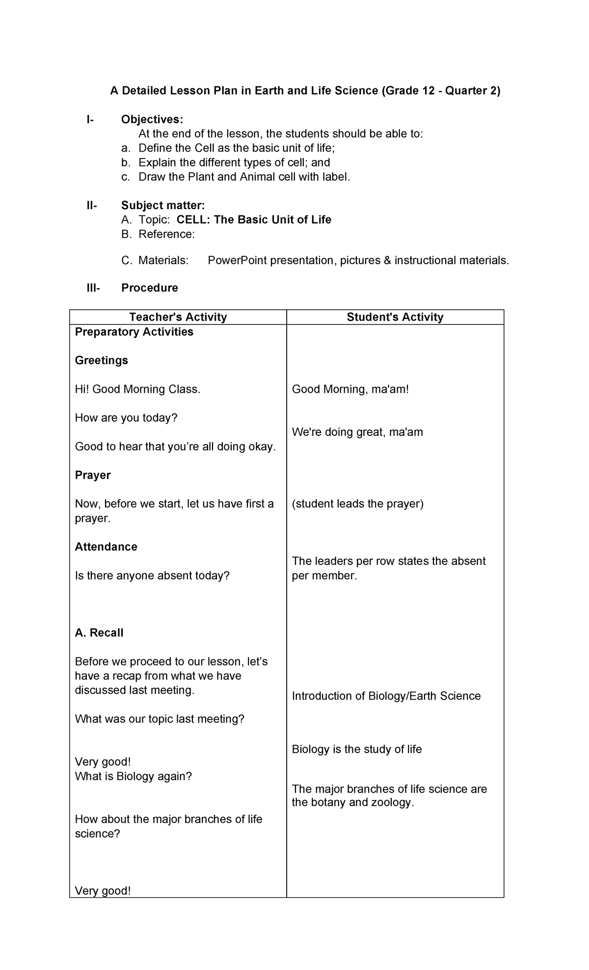 Grade 12 Earth Science Lesson Plan: Understanding the Cell Basics - Studocu