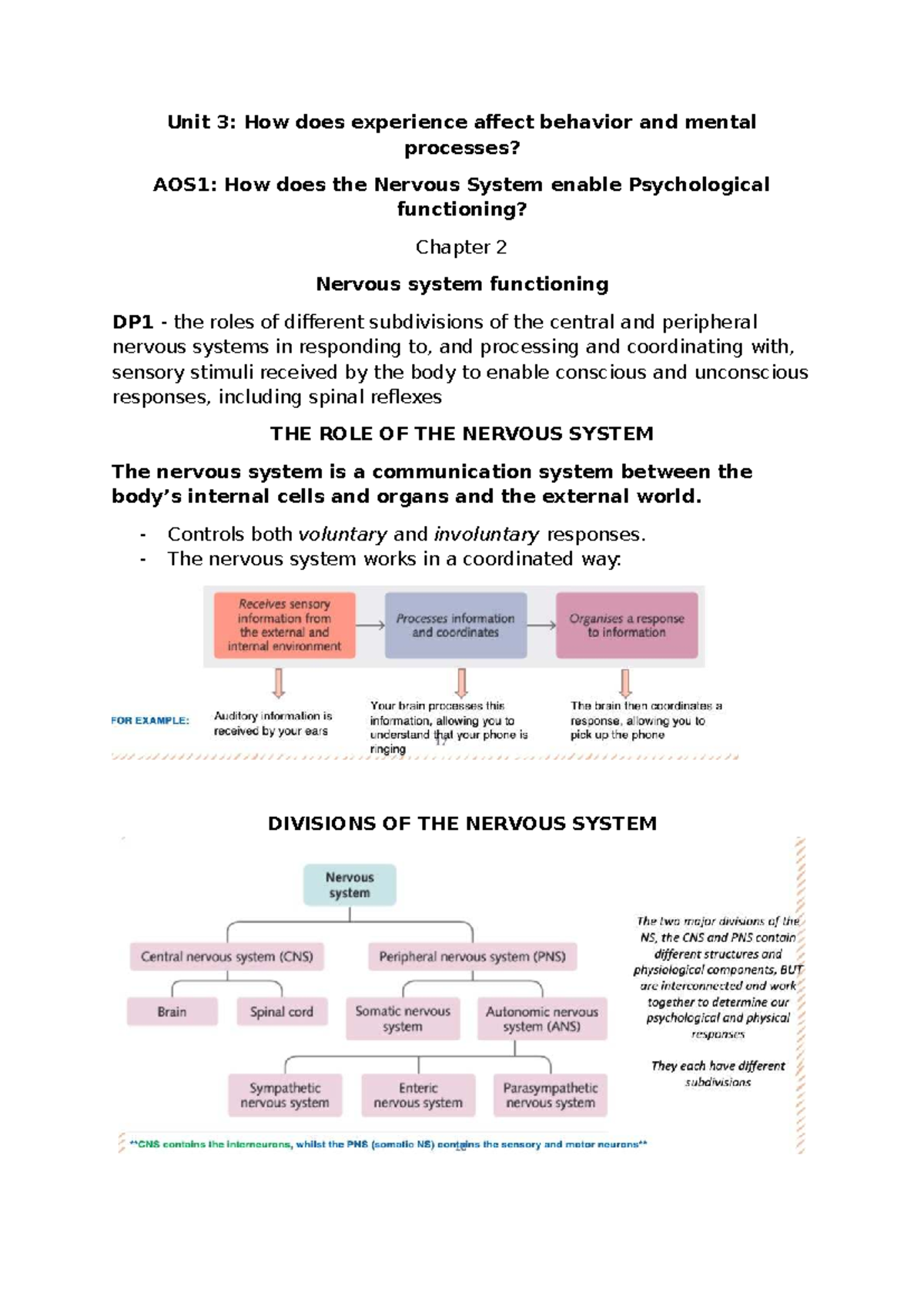 Unit 3 Psychology: Nervous System Functioning and Behavior AOS1 - Studocu