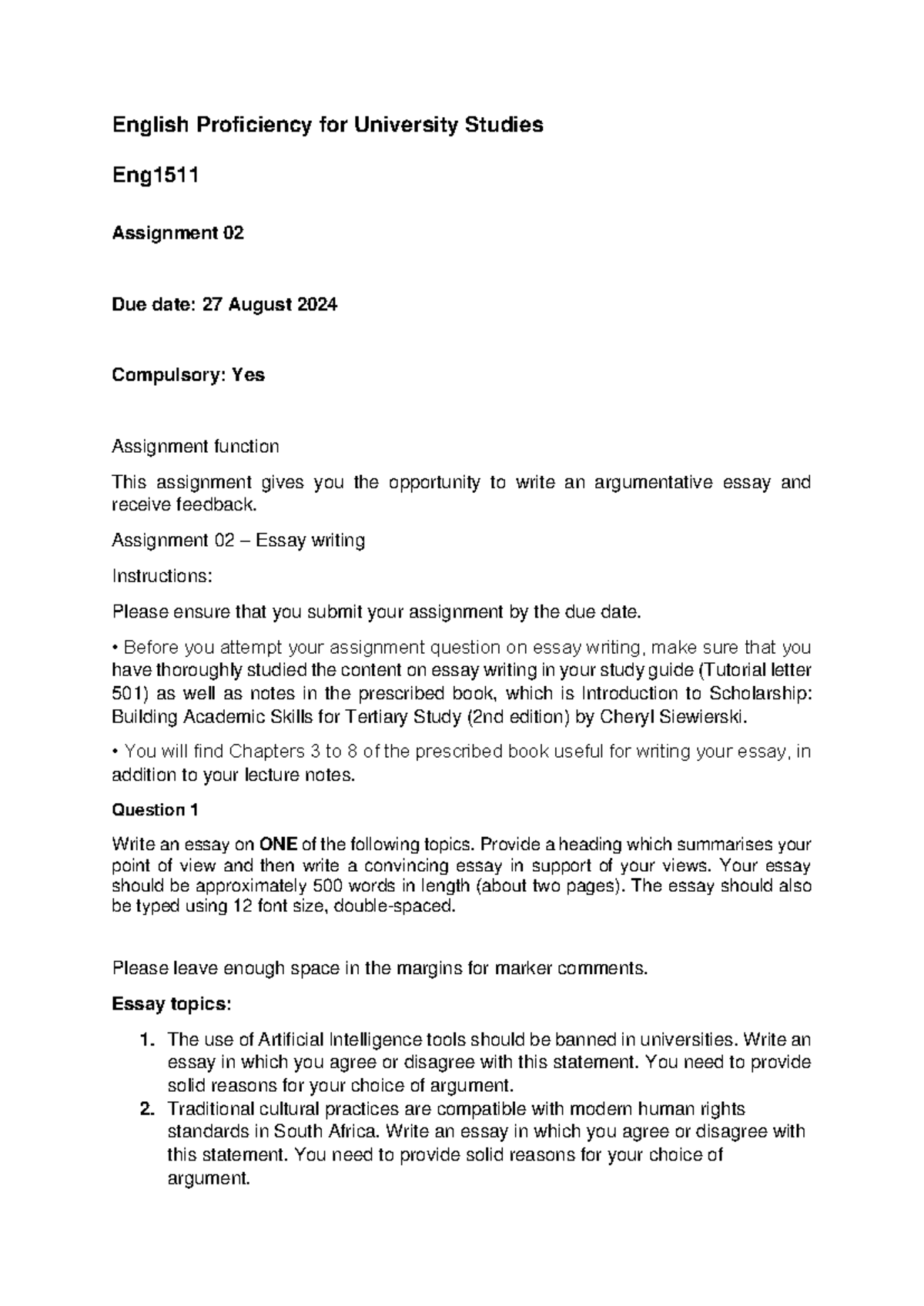 Eng1511 Assignment 02: Argumentative Essay Writing Guide - Studocu