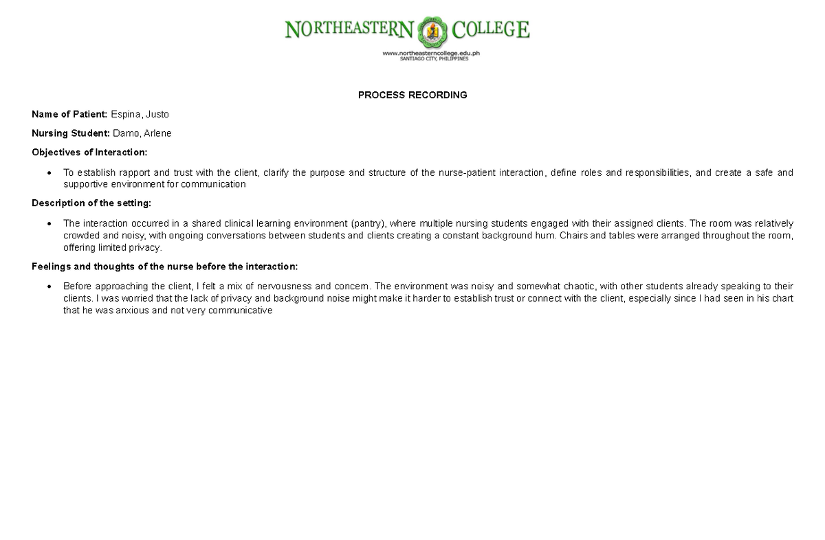 NUR 101 - Process Recording: Patient Interaction with Justo Espina - Studocu