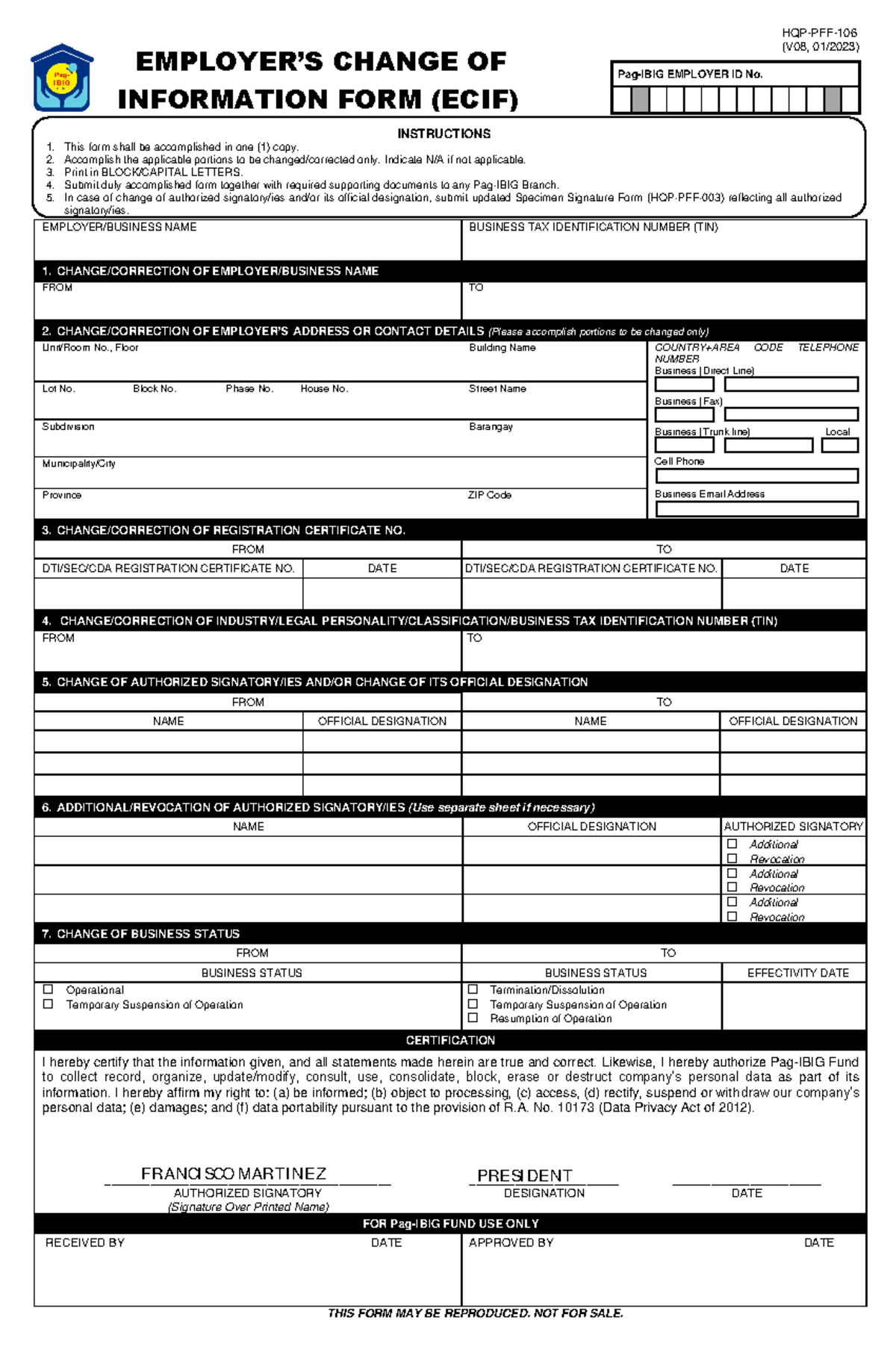 PFF106 Employers Change of Information Form (V08) with Instructions ...