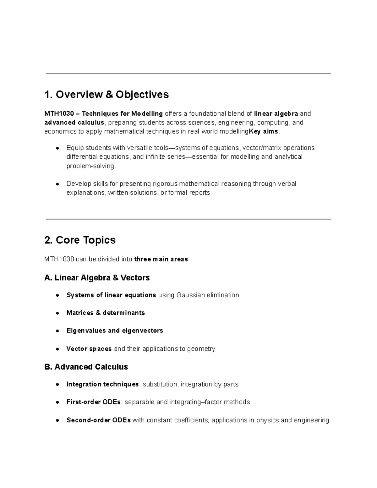 MTH1030 Techniques for Modelling: Overview, Core Topics & Outcomes ...