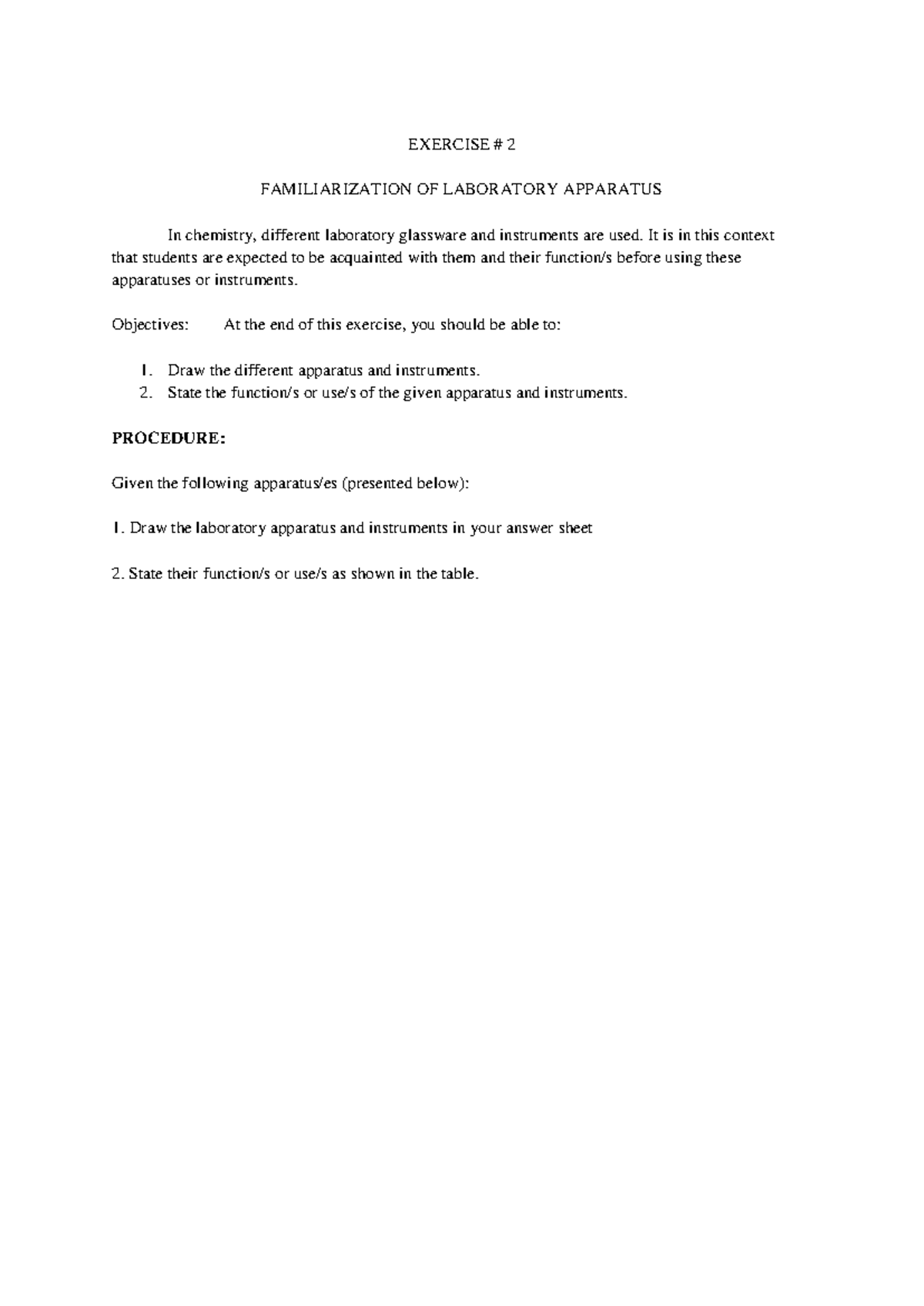 CHEM - Lab Apparatus Familiarization Exercise #2 Guide - Studocu