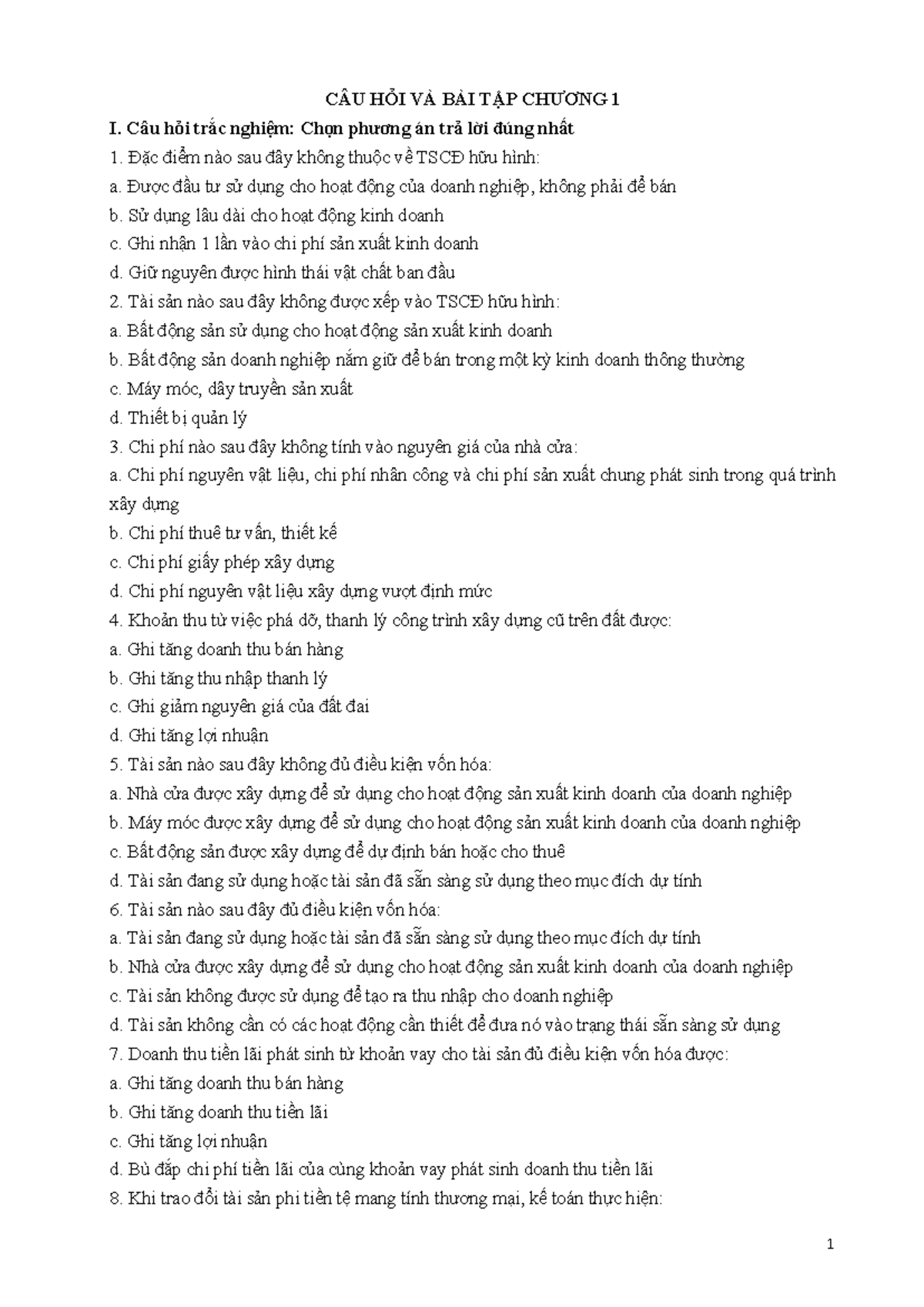 Câu Hỏi và Bài Tập Chương 1 - Tài Sản Cố Định Hữu Hình - Studocu