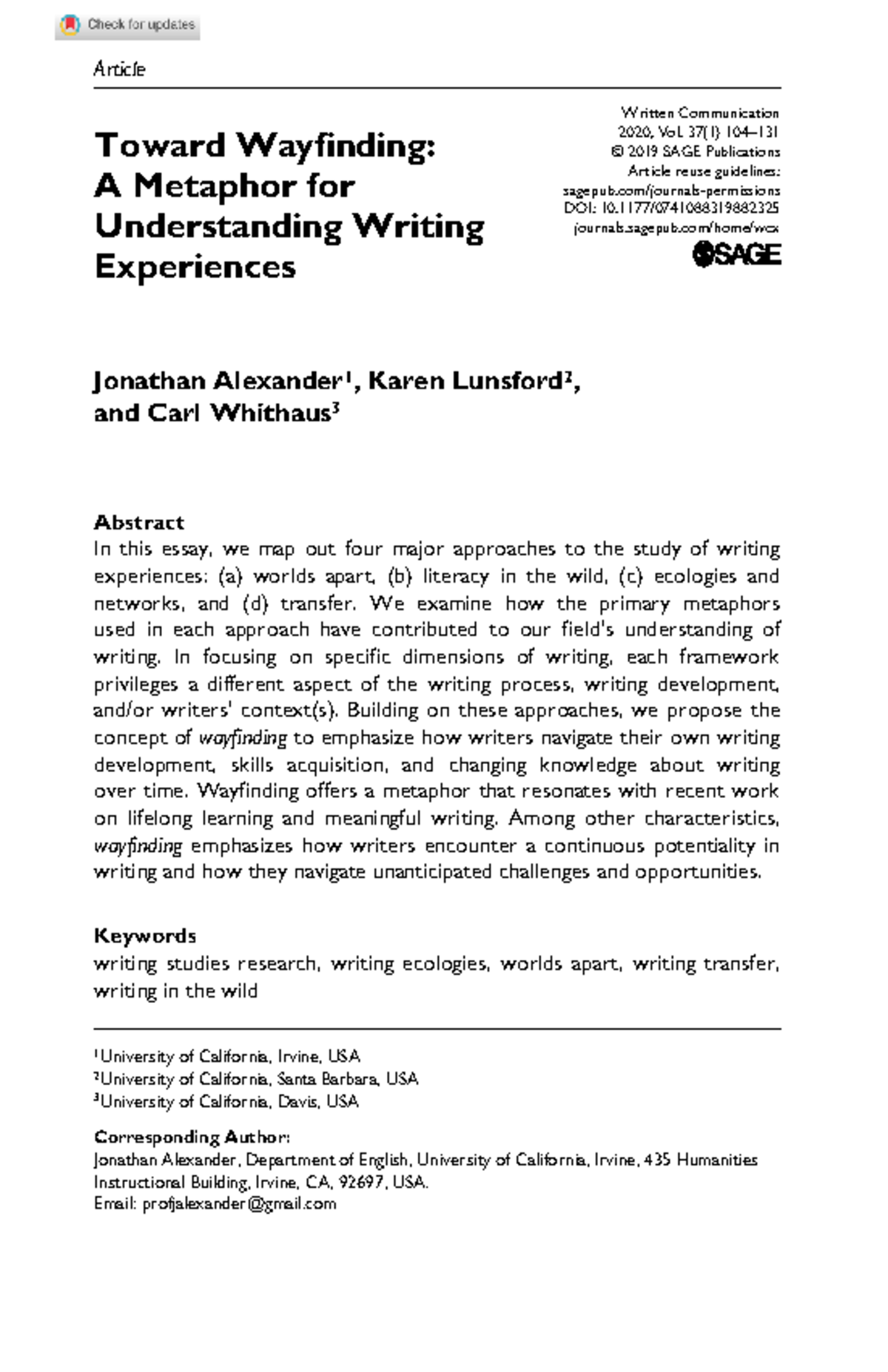 Alexander et al 2019 toward wayfinding a metaphor for understanding ...