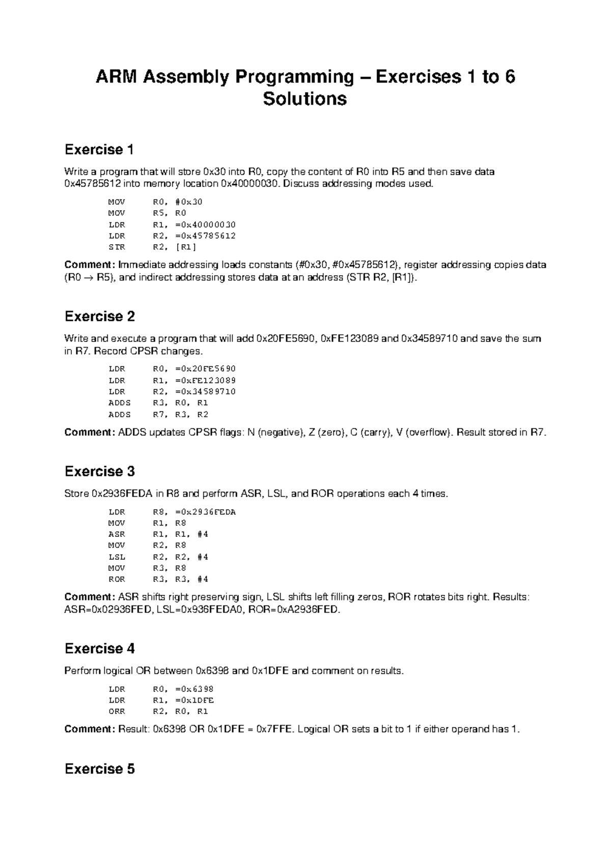 ARM Assembly Lab Exercises 1-6 Solutions and Addressing Modes - Studocu