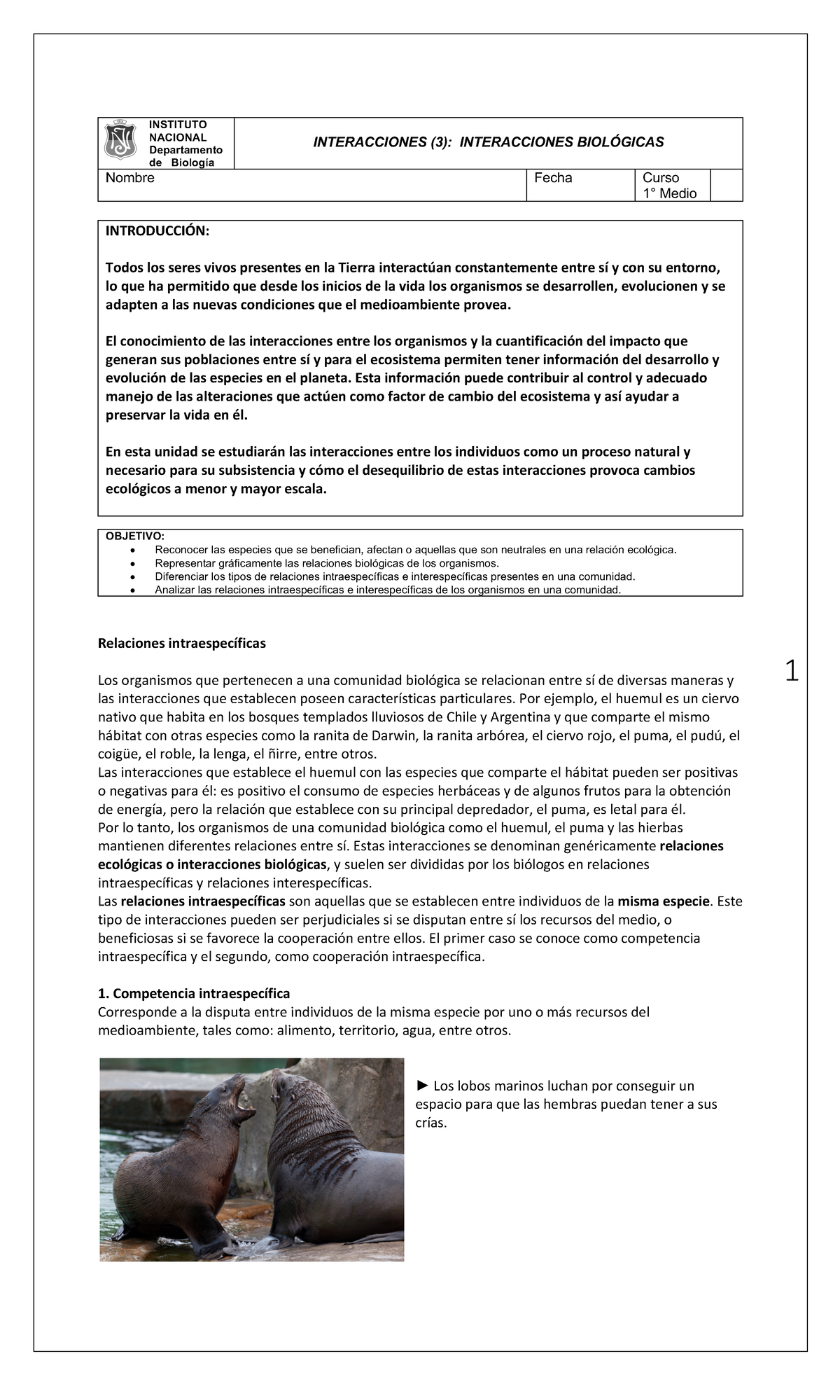 Guía 3 Interacciones Biológicas - 1° Medio Biología INSTITUTO NACIONAL ...