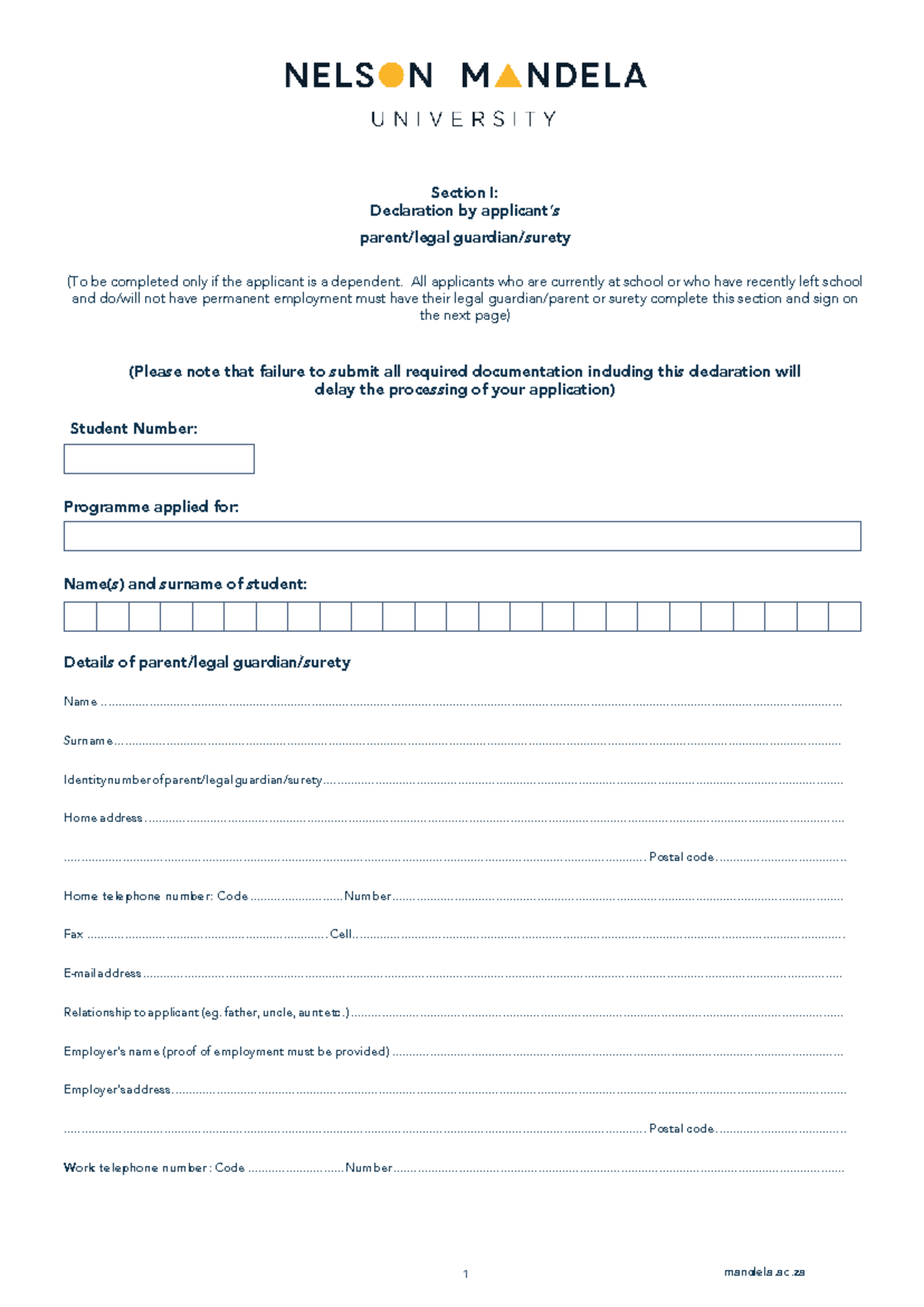 Declaration by Parent for Dependent Applicants - Section I - Studocu