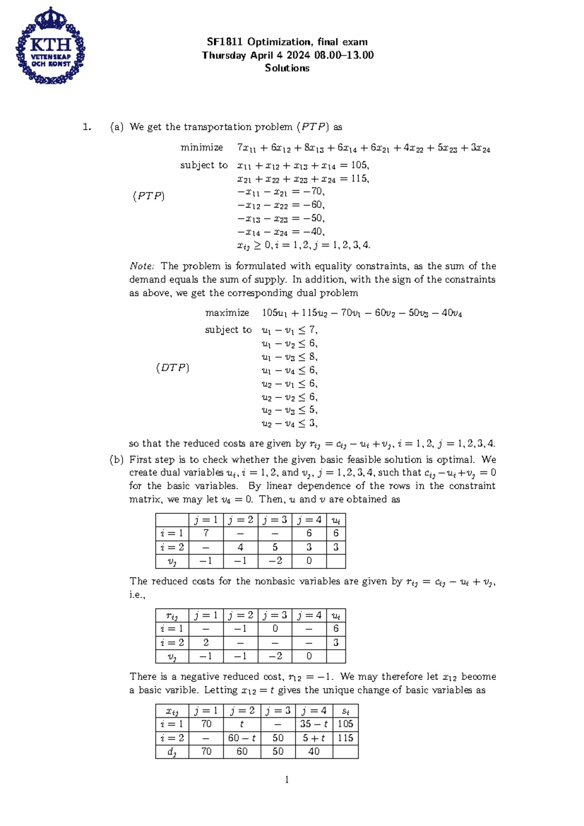 SF1811 Optimization Final Exam Solutions - April 4, 2024 - Studocu