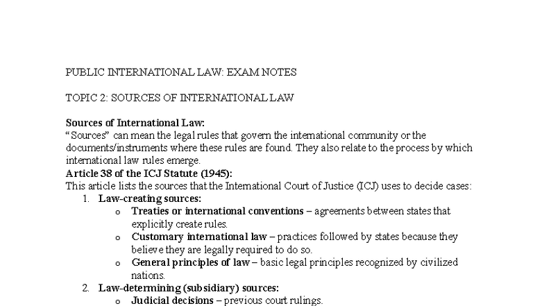PUBLIC INTERNATIONAL LAW: EXAM NOTES TOPIC 2 - SOURCES OF INTERNATIONAL ...