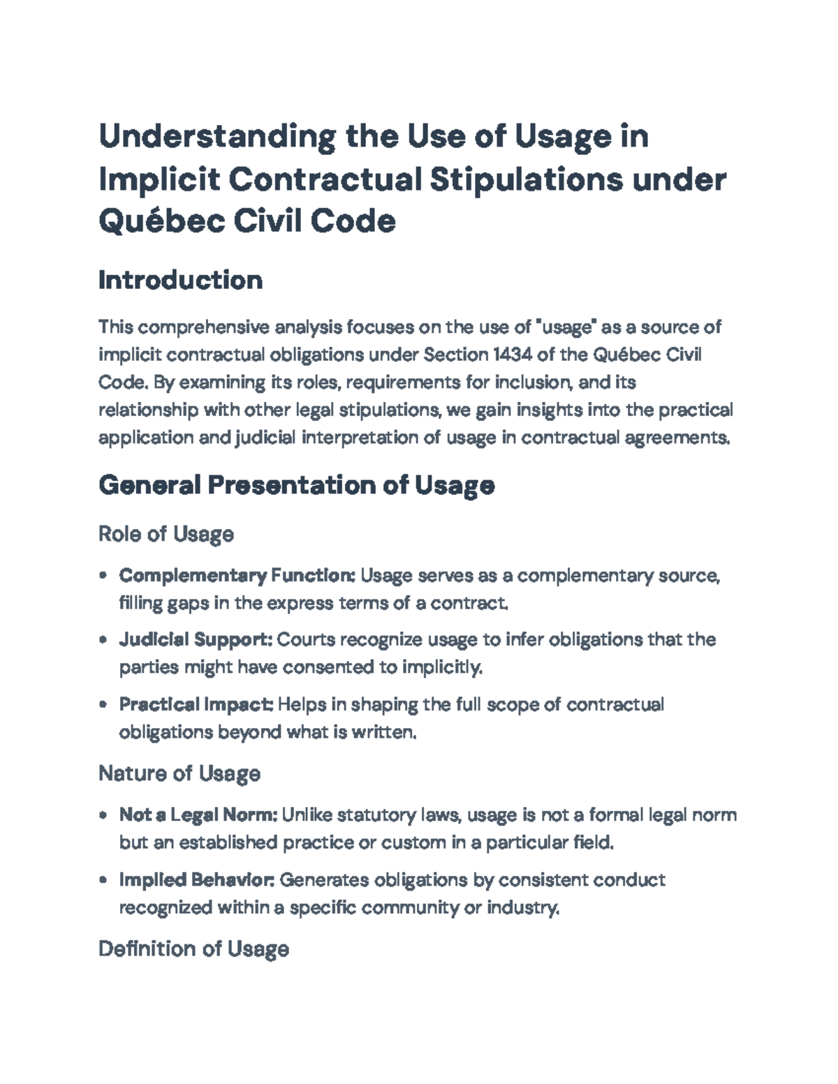 Understanding Implicit Contractual Usage in Québec Civil Code (LAW 101 ...