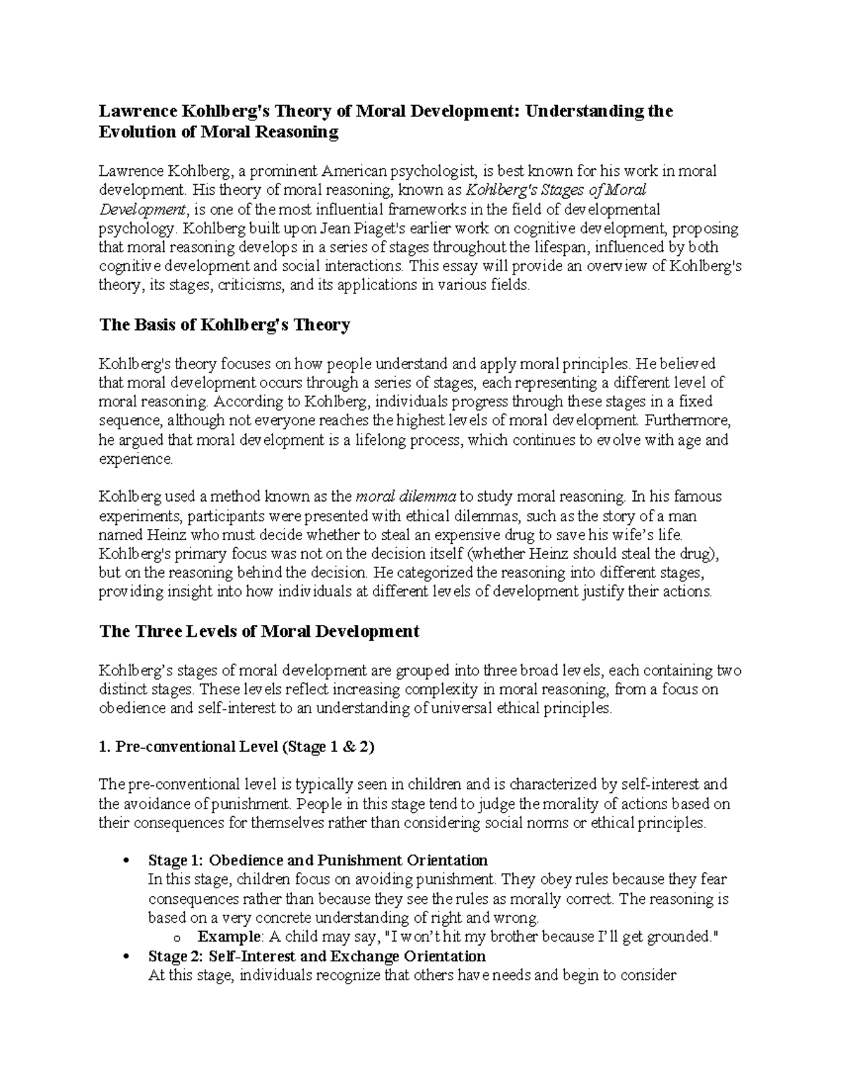 Kohlberg's Theory of Moral Development: Stages & Applications - Studocu