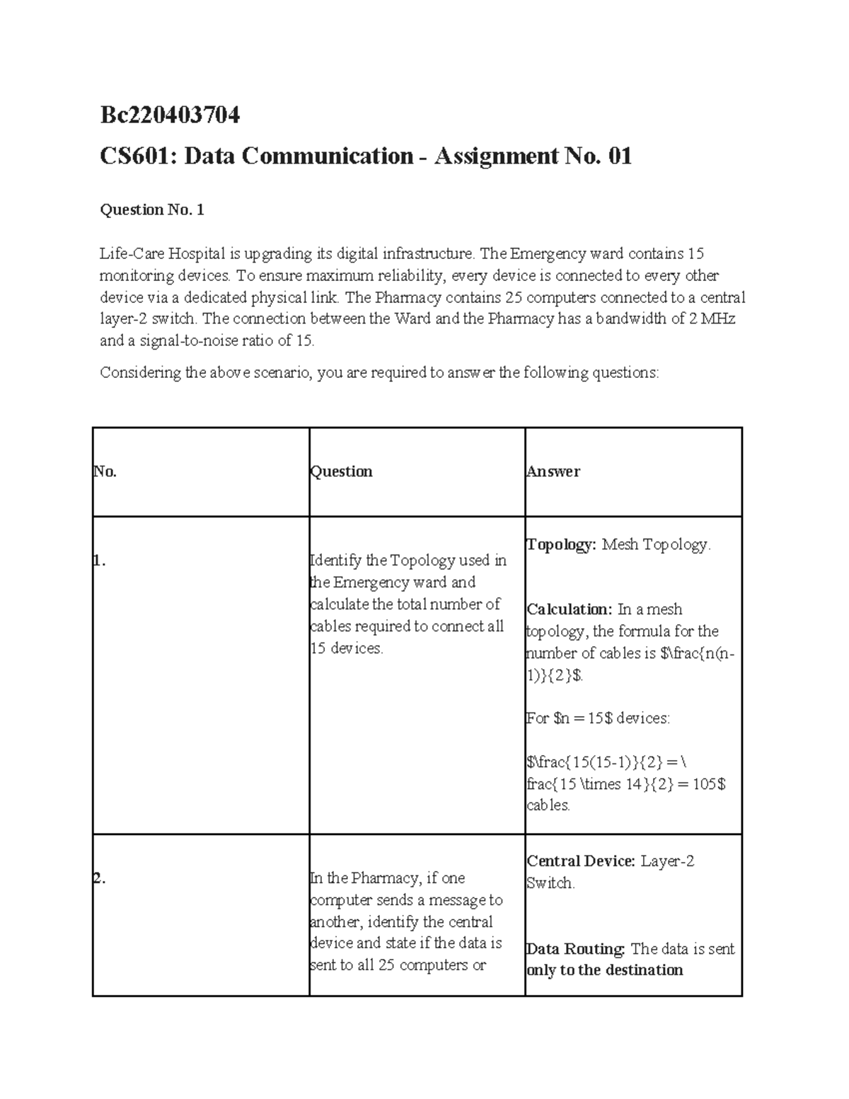 Cs601 Assignment 1: Data Communication Analysis & Calculations - Studocu