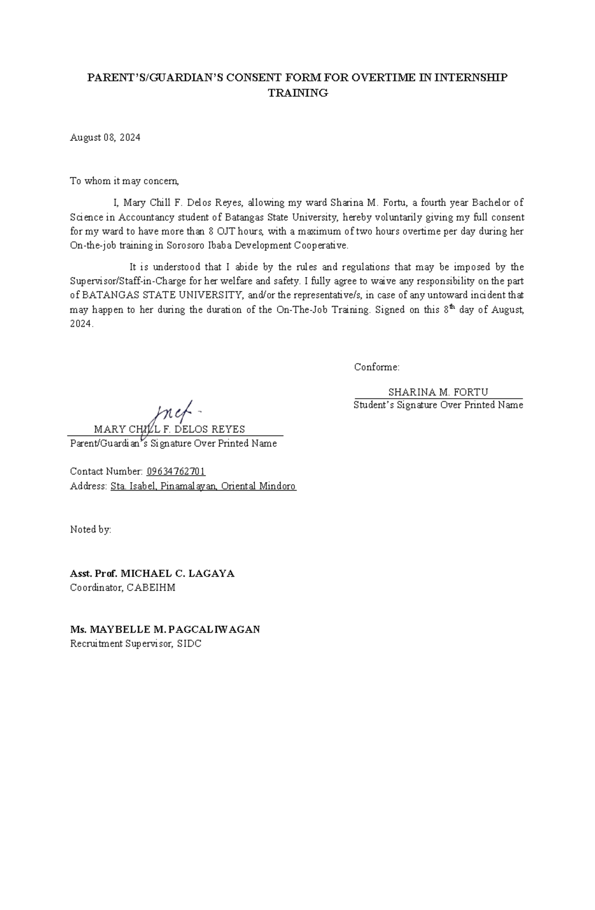 Overtime Consent Form for OJT - BS Accountancy Batch 2024 - Studocu
