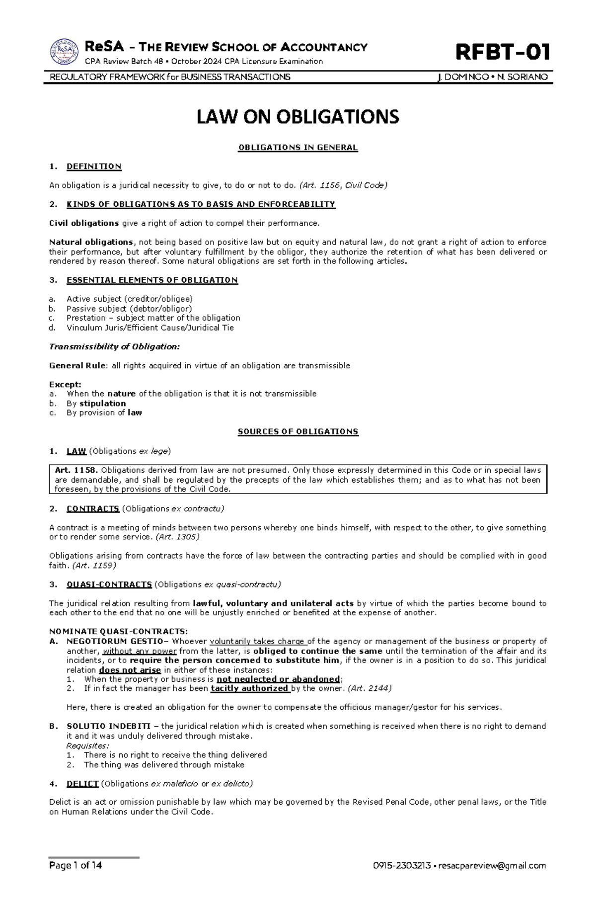 RFBT-01: CPA Review Batch 48 - Law on Obligations Overview - Studocu