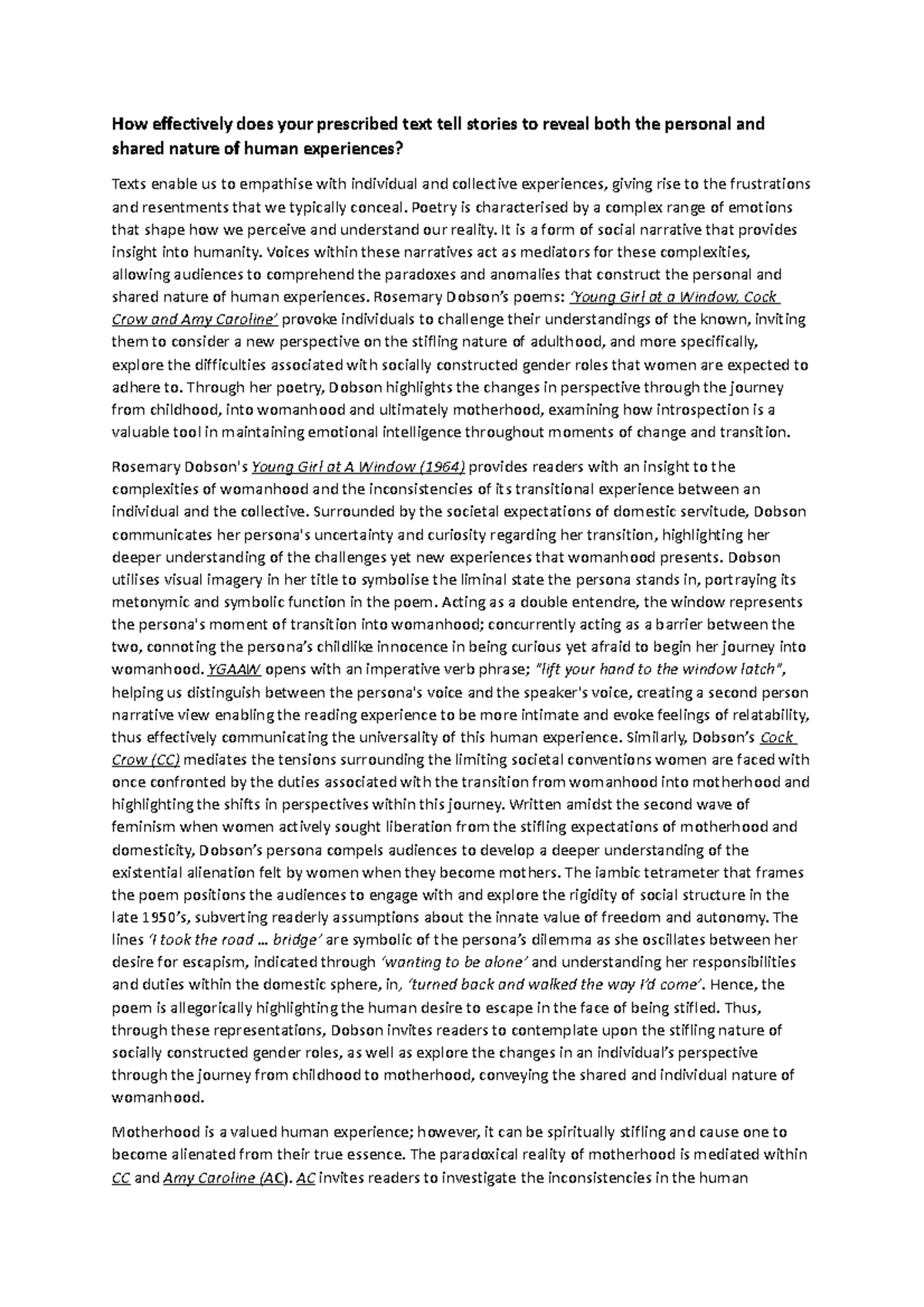 Rosemary Dobson's Poetry: Exploring Human Experiences in YGAAW, CC, AC ...