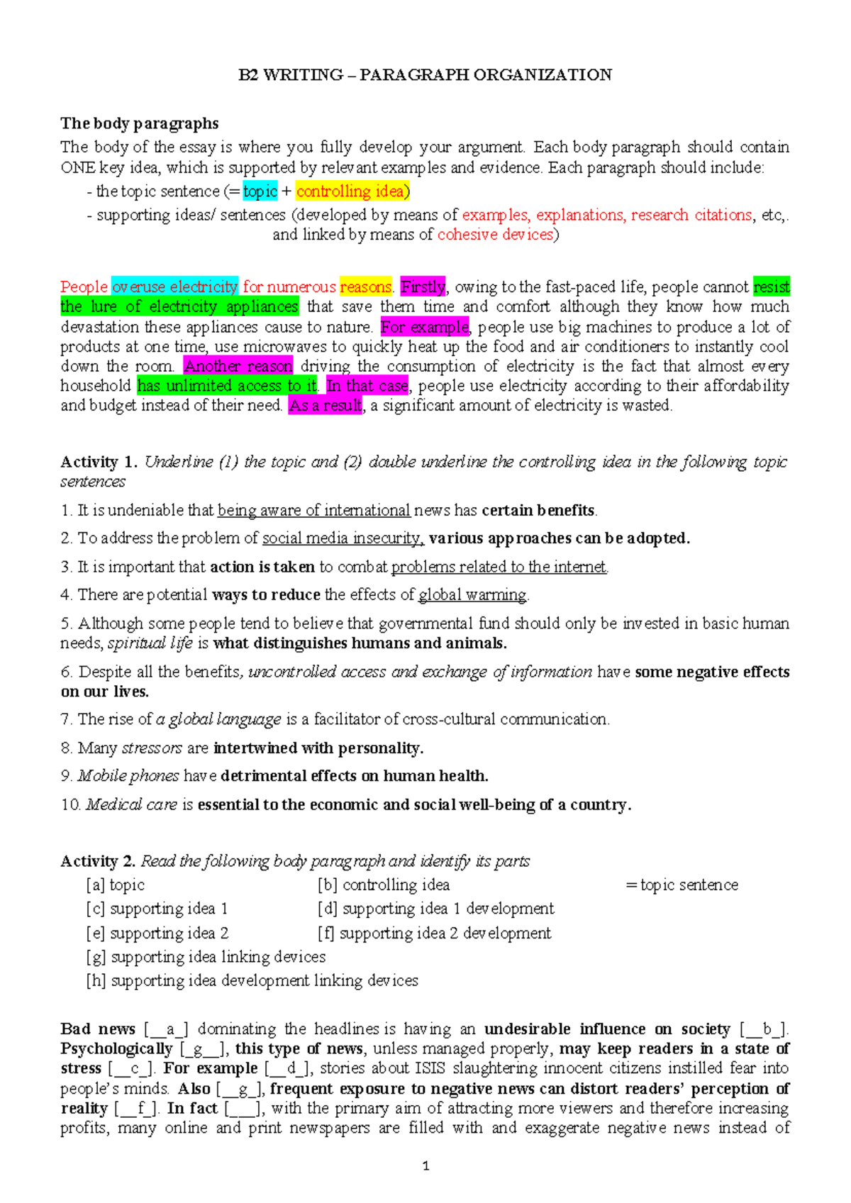 B2 Writing Handout 3: Essay Organization and Body Paragraphs - Studocu