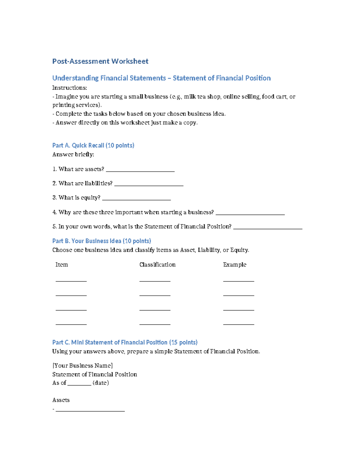 Business Plan SOFP Worksheet: Understanding Financial Statements - Studocu