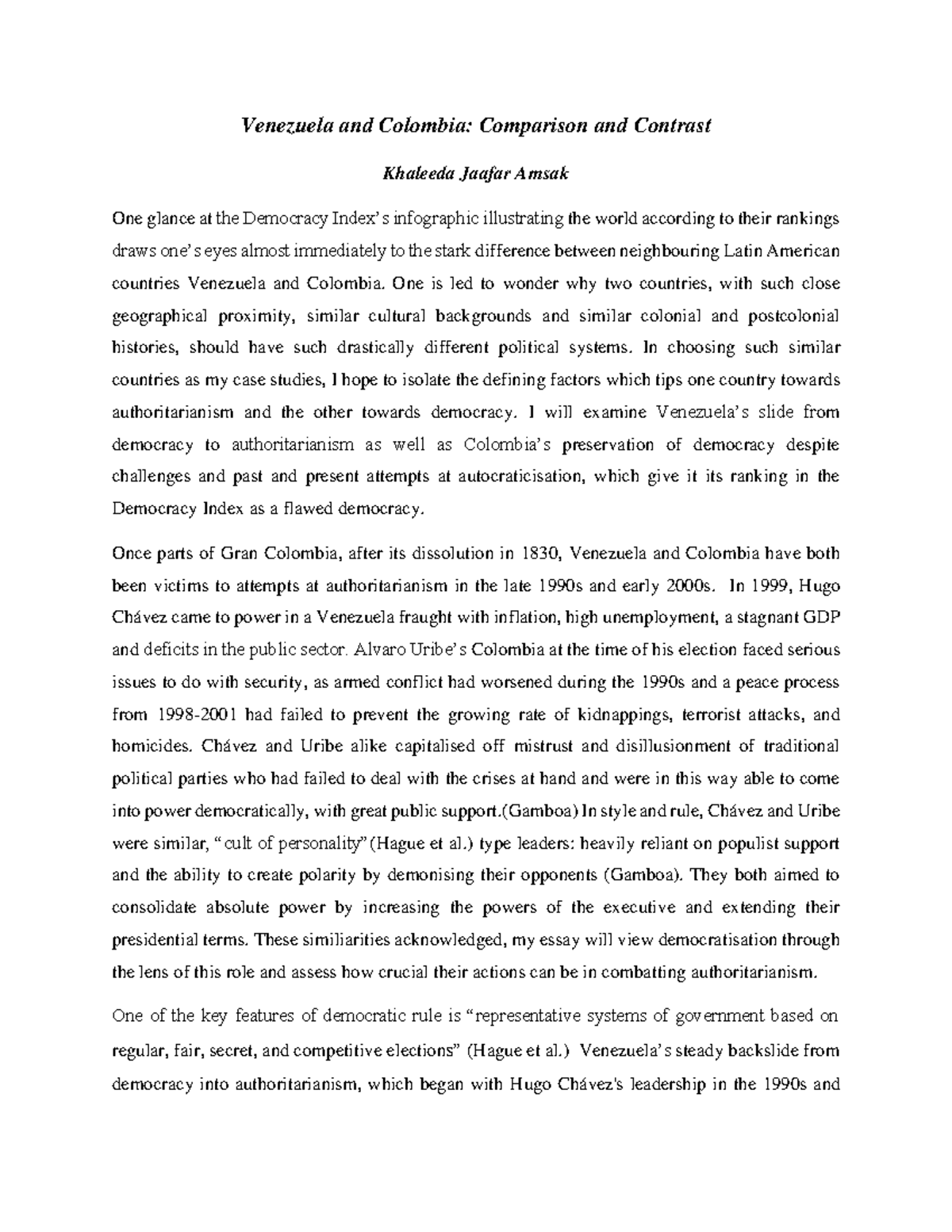 POLS105 Essay Venezuela and Colombia Comparison/Contrast - Venezuela ...