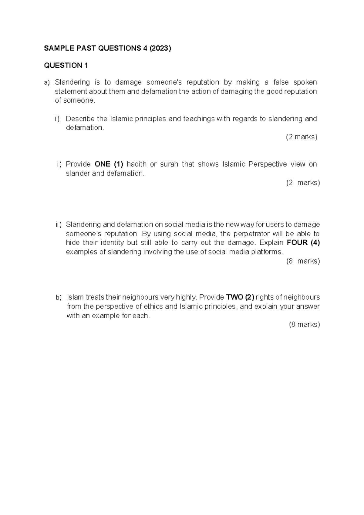 Past Questions 4 (2023) - Sample Test on Slander, Defamation & Tech ...