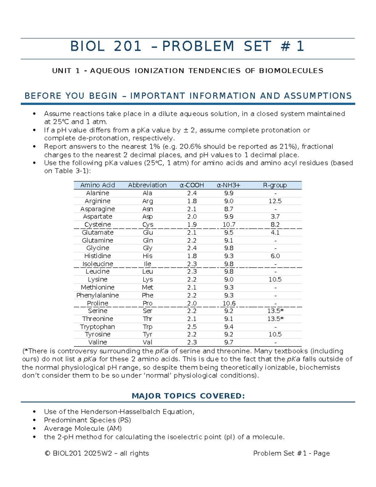 BIOL 201 Problem Set 1: Aqueous Ionization of Biomolecules - Studocu
