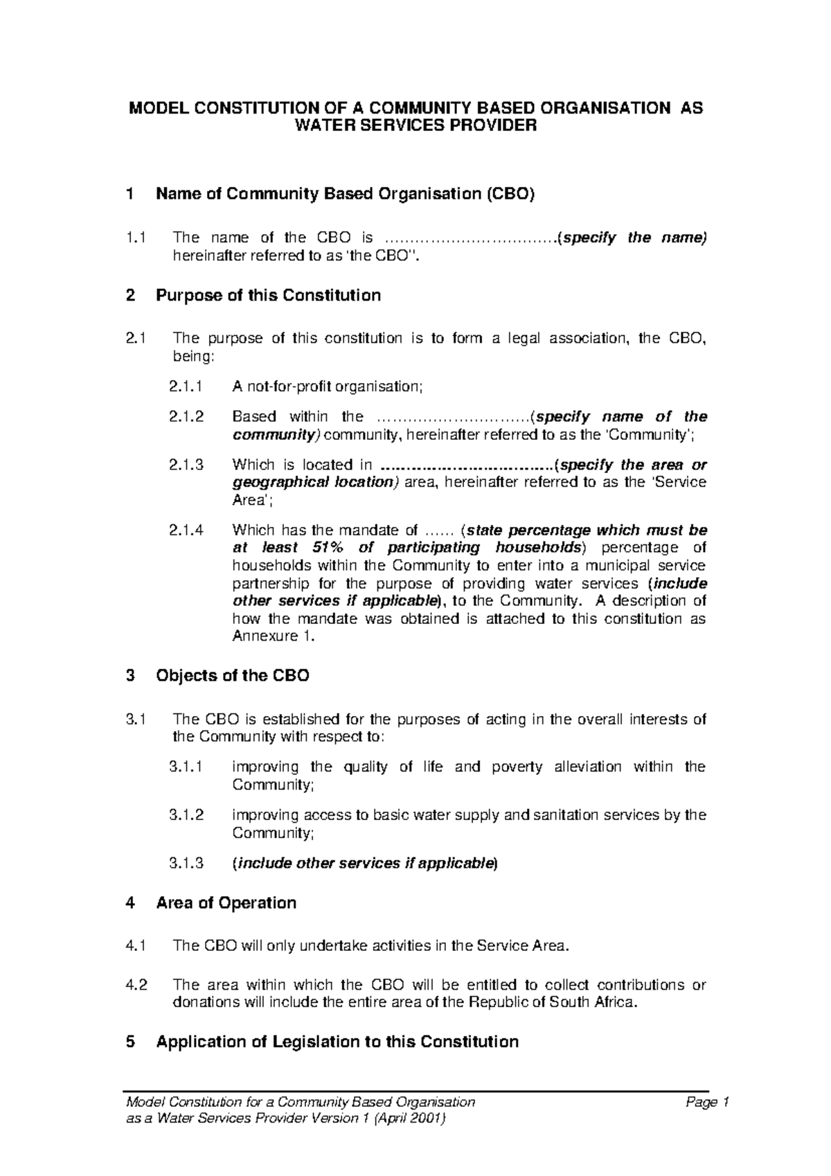 CBO-2001: Model Constitution for Community-Based Water Services - Studocu