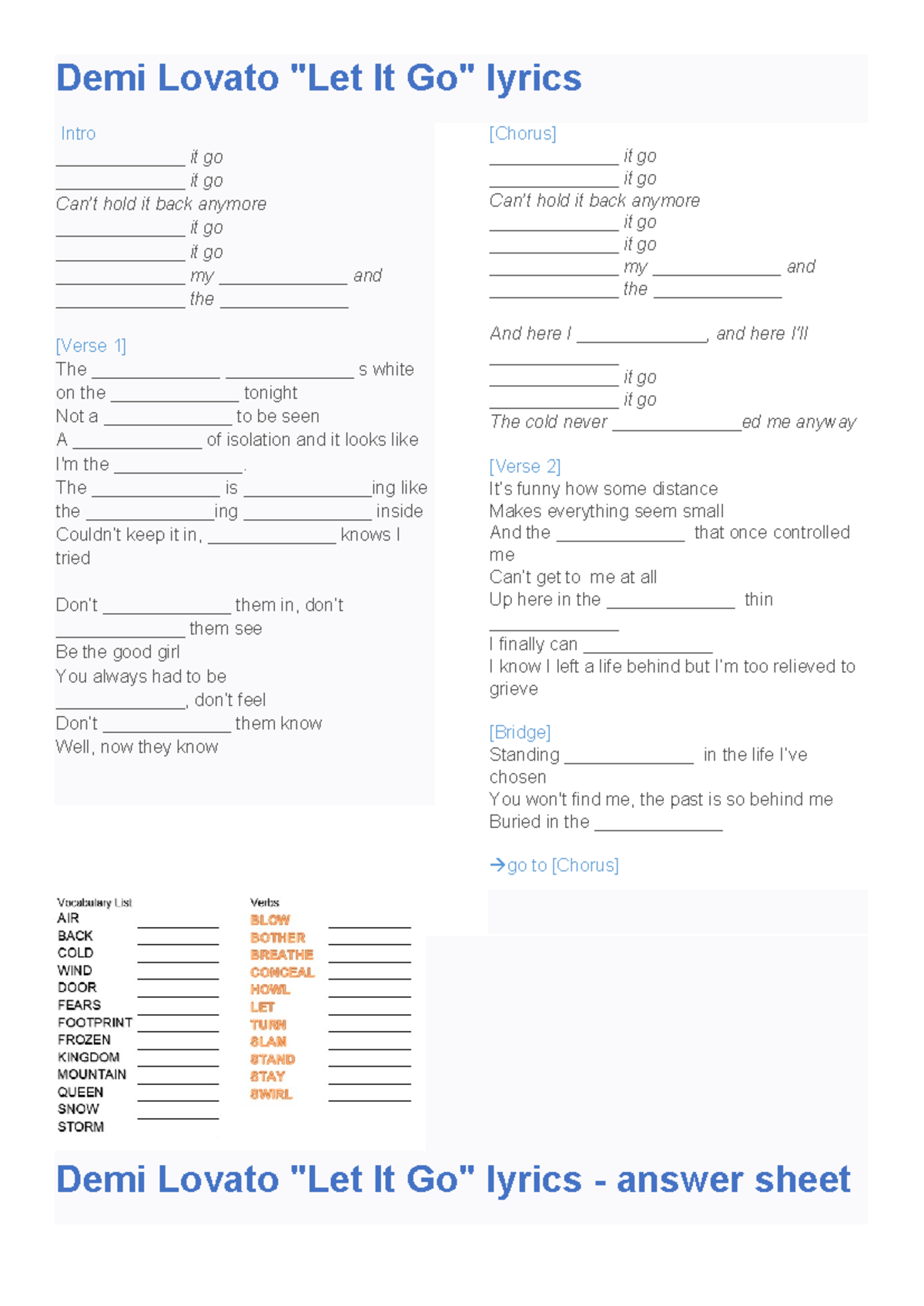 LET IT GO by Demi Lovato Lyrics Analysis Worksheet - Studocu