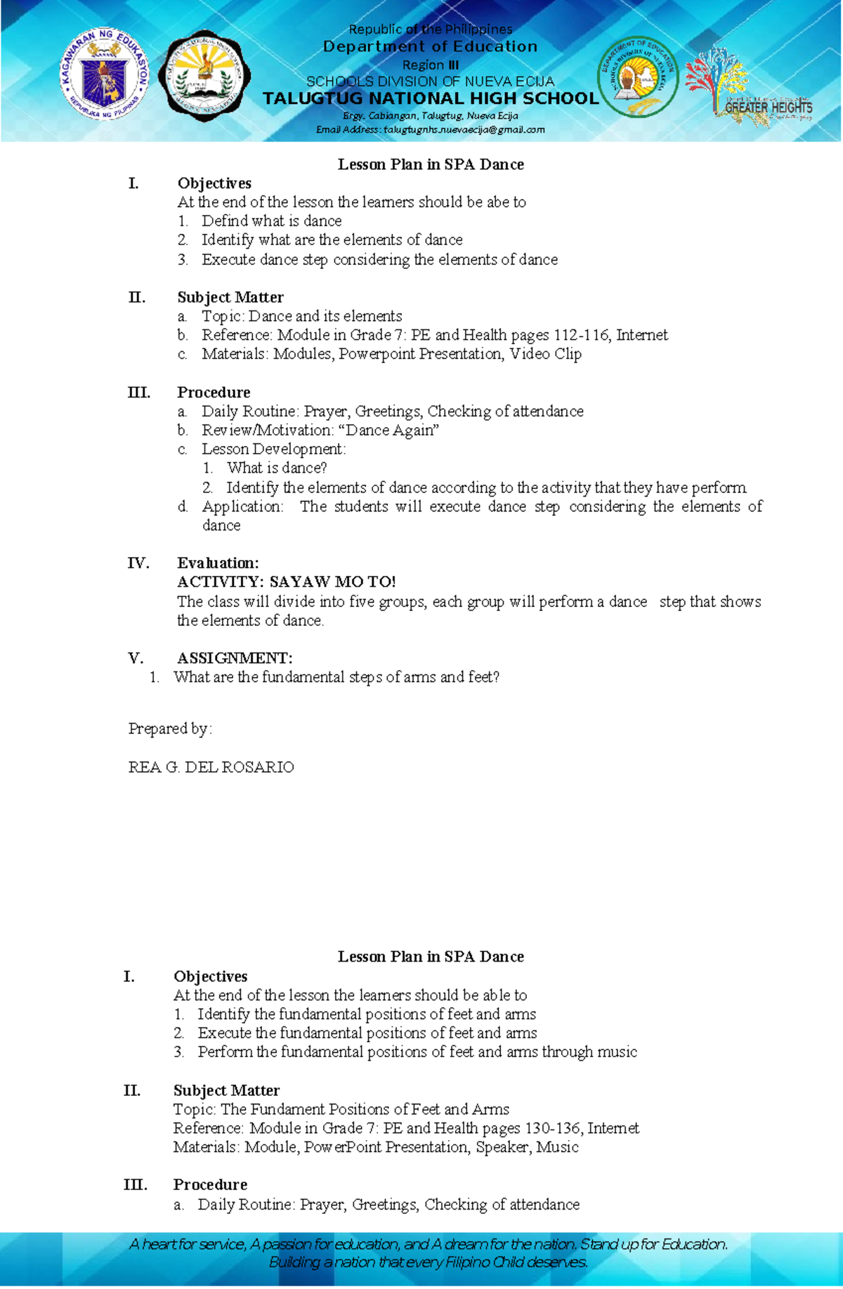 445588900 SPA Dance Lesson Plans for Grade 7 PE and Health - Studocu