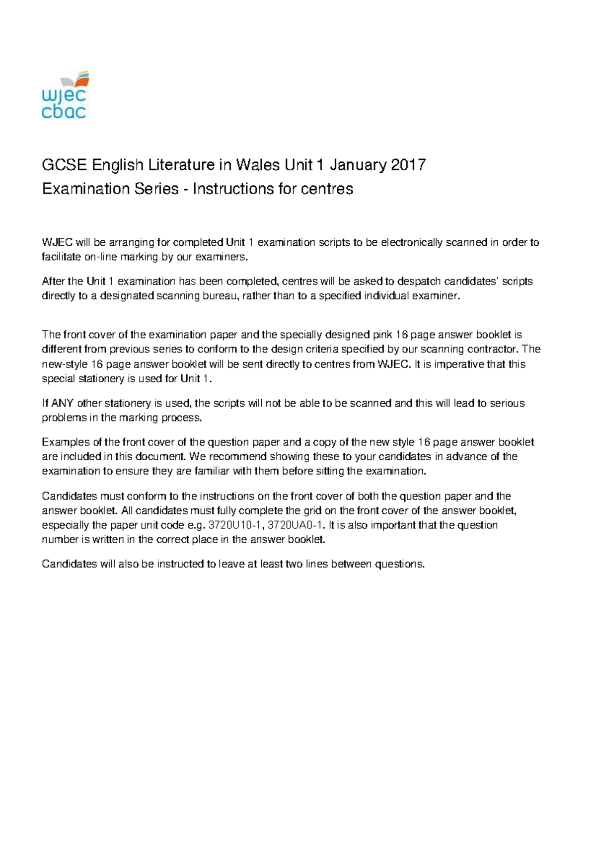 GCSE English Literature Unit 1 January 2017 Exam Instructions - Studocu