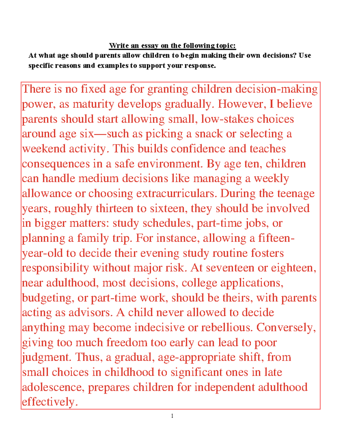 TOEFL Prep: Essay on Allowing Children to Make Decisions - Studocu