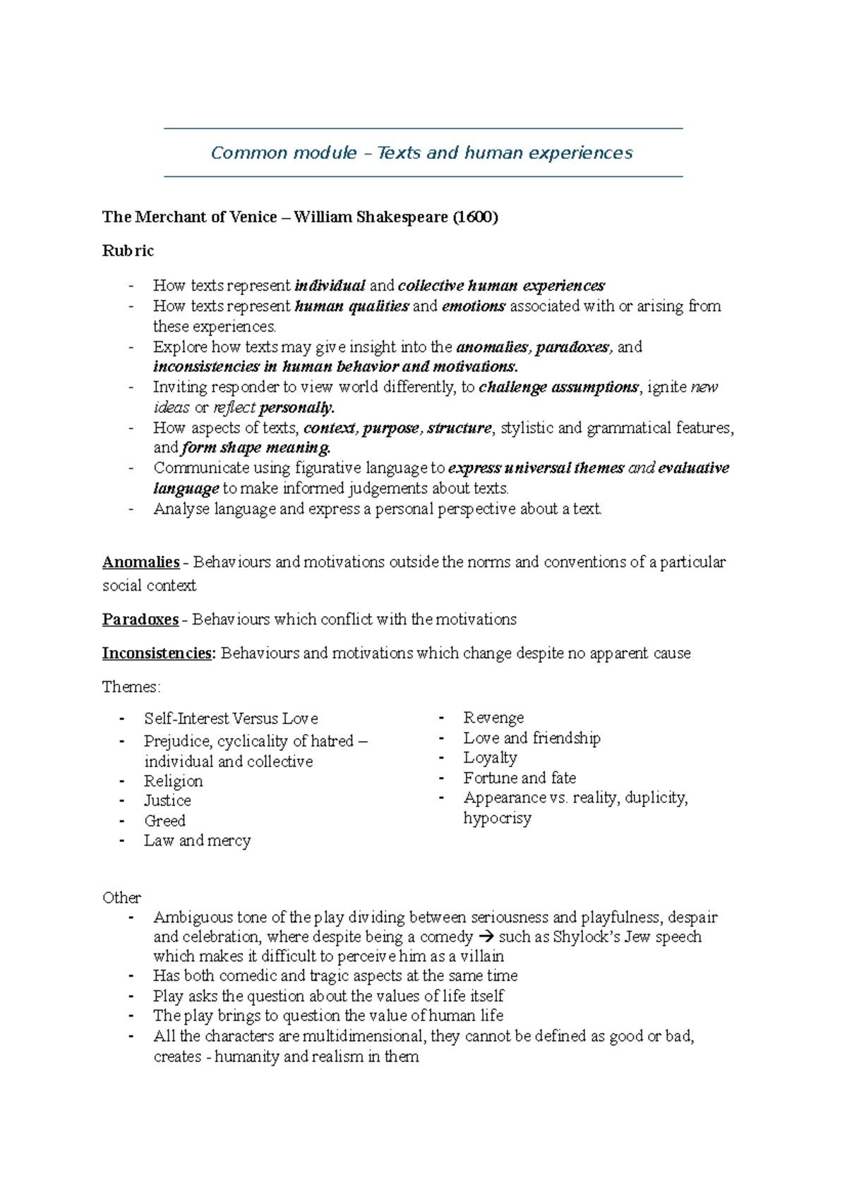 Common Module - Merchant of Venice: Notes on Themes and Quotes - Studocu