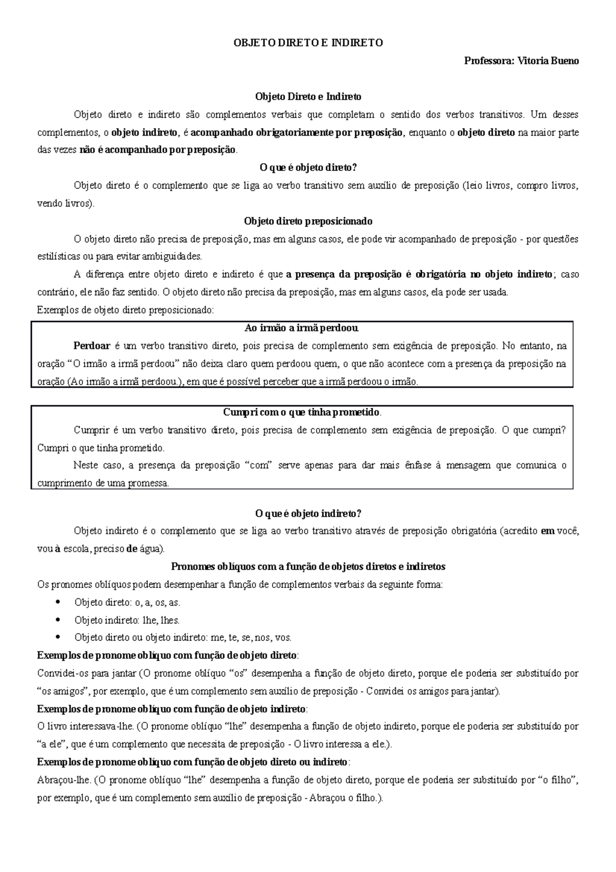 Objeto Direto e Indireto - Notas para o PROF de Língua Portuguesa - Studocu