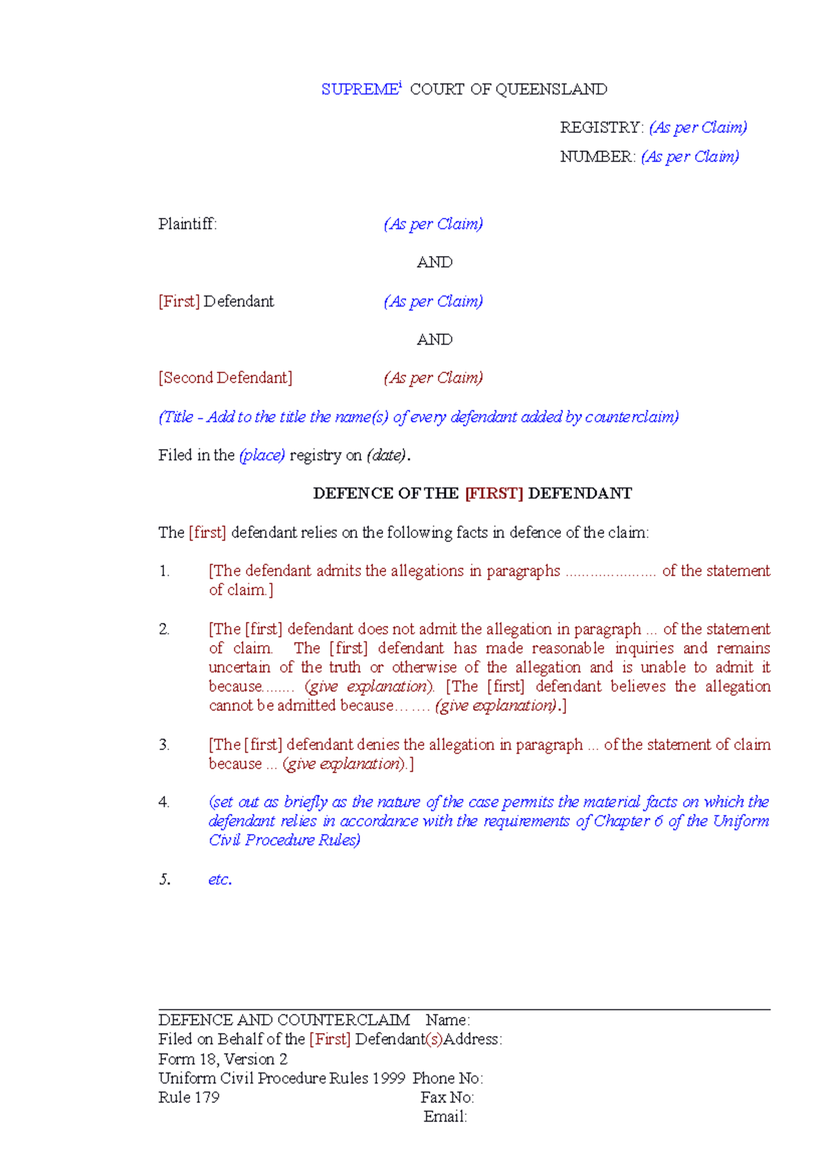 Form 18 Defence & Counterclaim Under UCPR - [First] Defendant Details ...